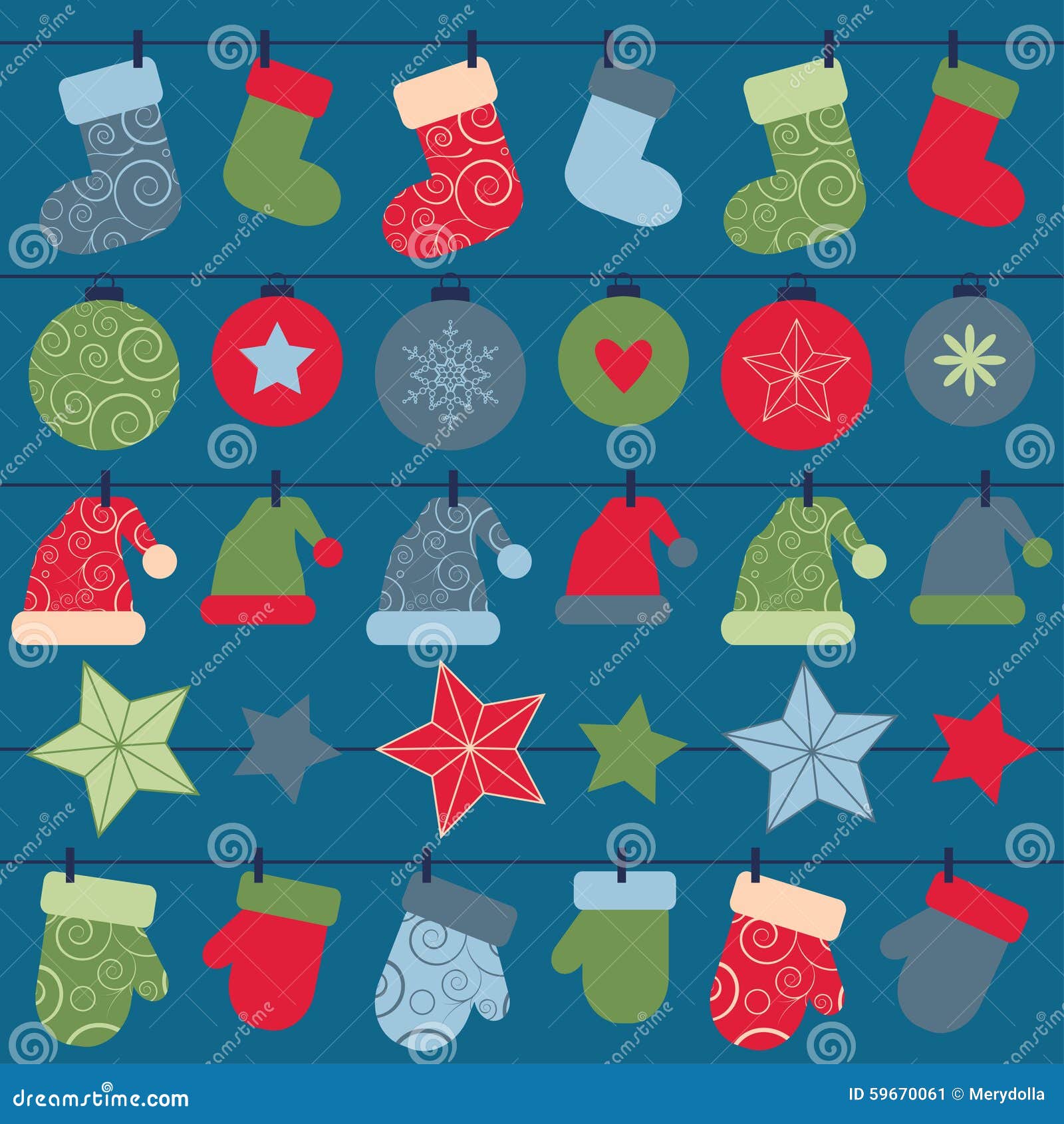 Vector Christmas Design Decorations Hanging on Rope Stock Vector ...