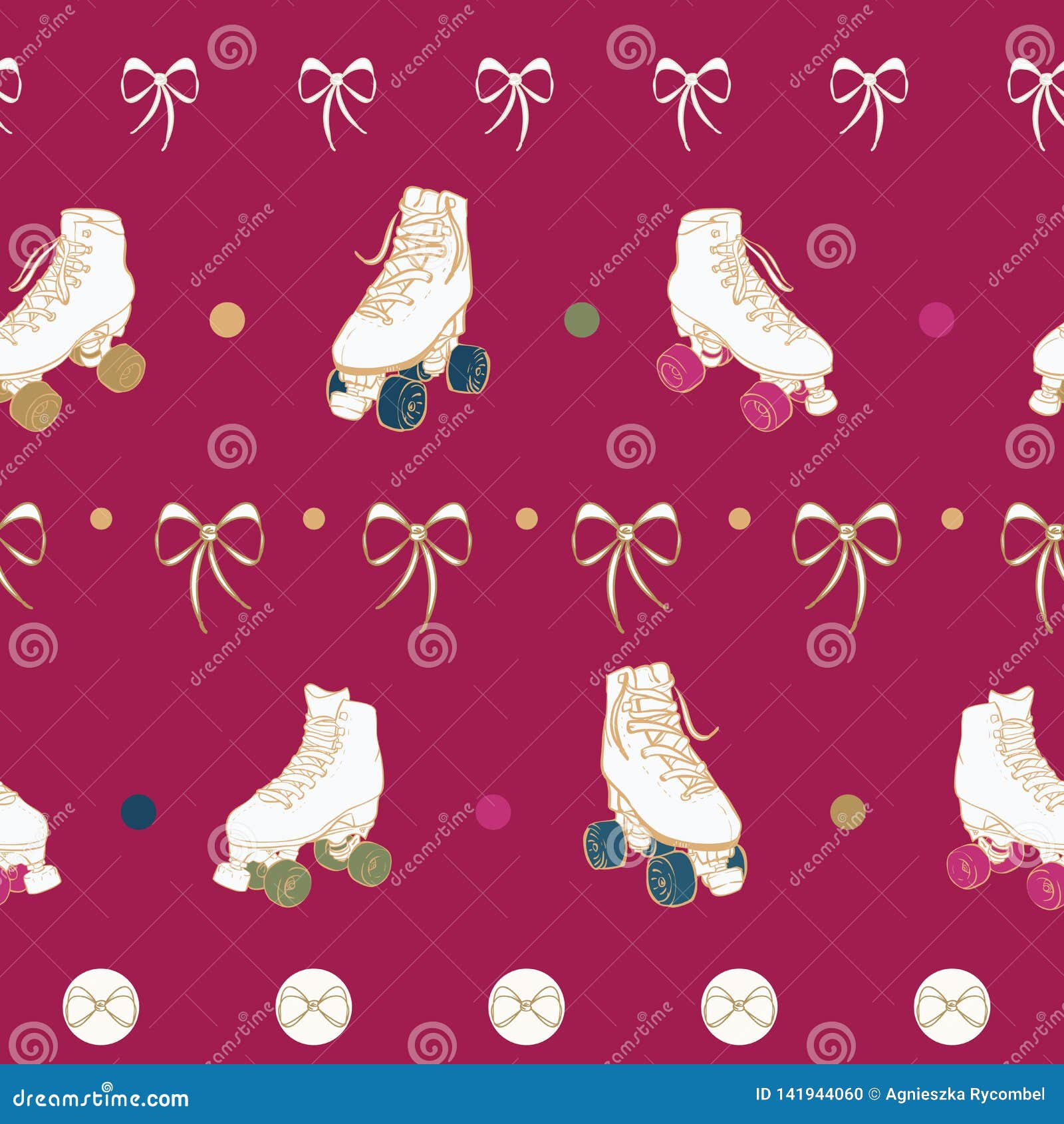 Vector Christmas Roller Skates and Lace Bows on Red Seamless Pattern ...