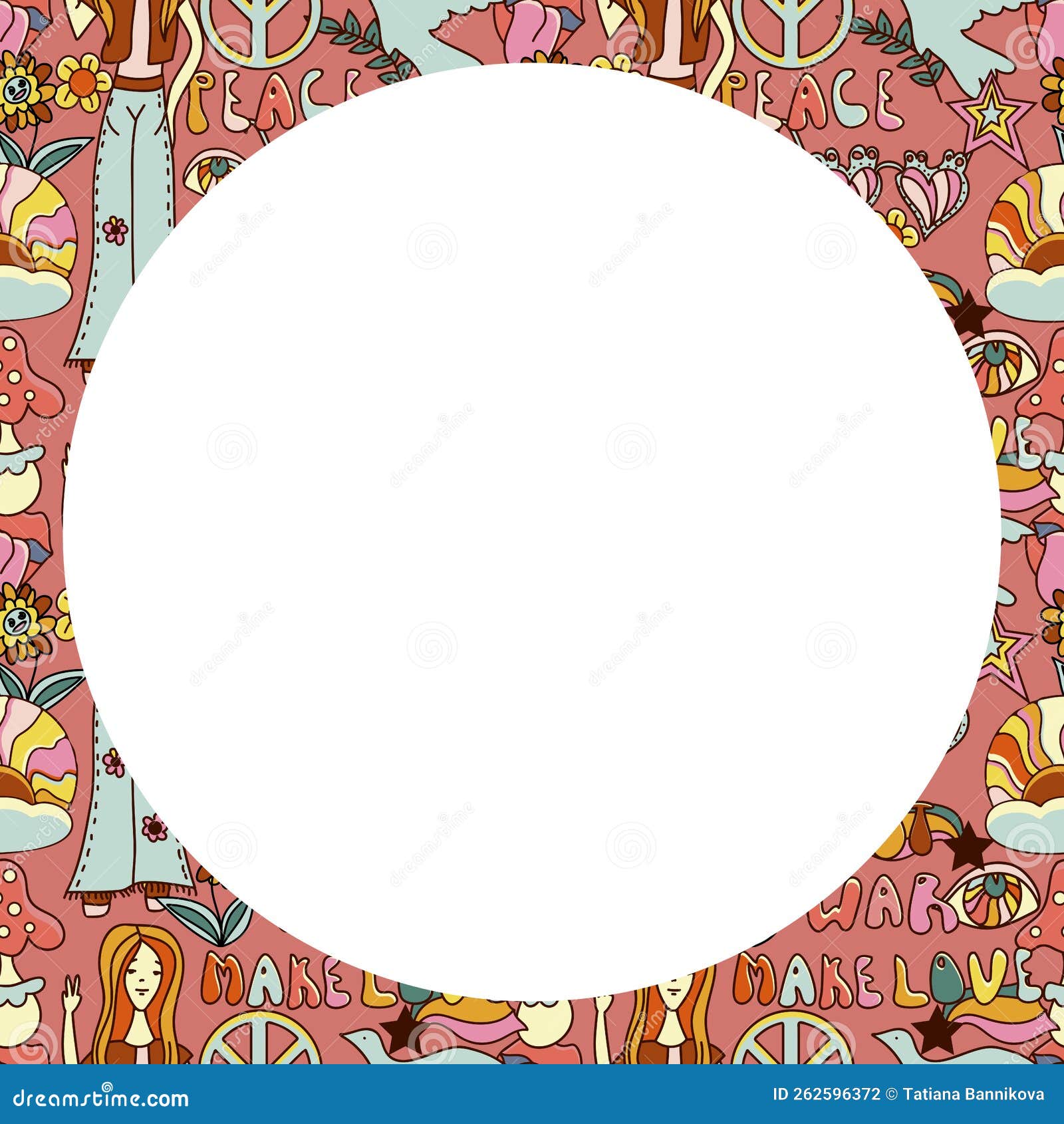 Vector Circle Frame. Groovy Retro Background in 70s Style Stock Vector ...