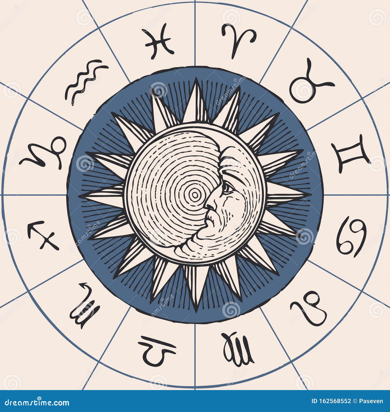 Circle Of Zodiac Signs With Sun And Crescent Moon Stock Vector