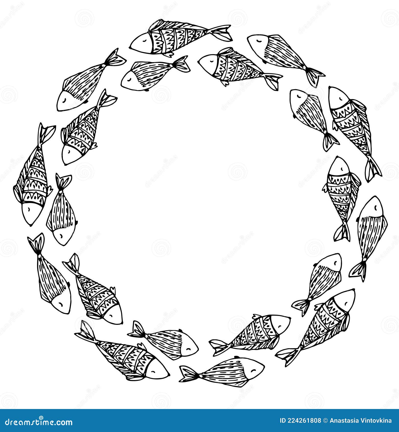 Vector Circular Drawing of a Fish. Vector Doodle Fish Template with a ...
