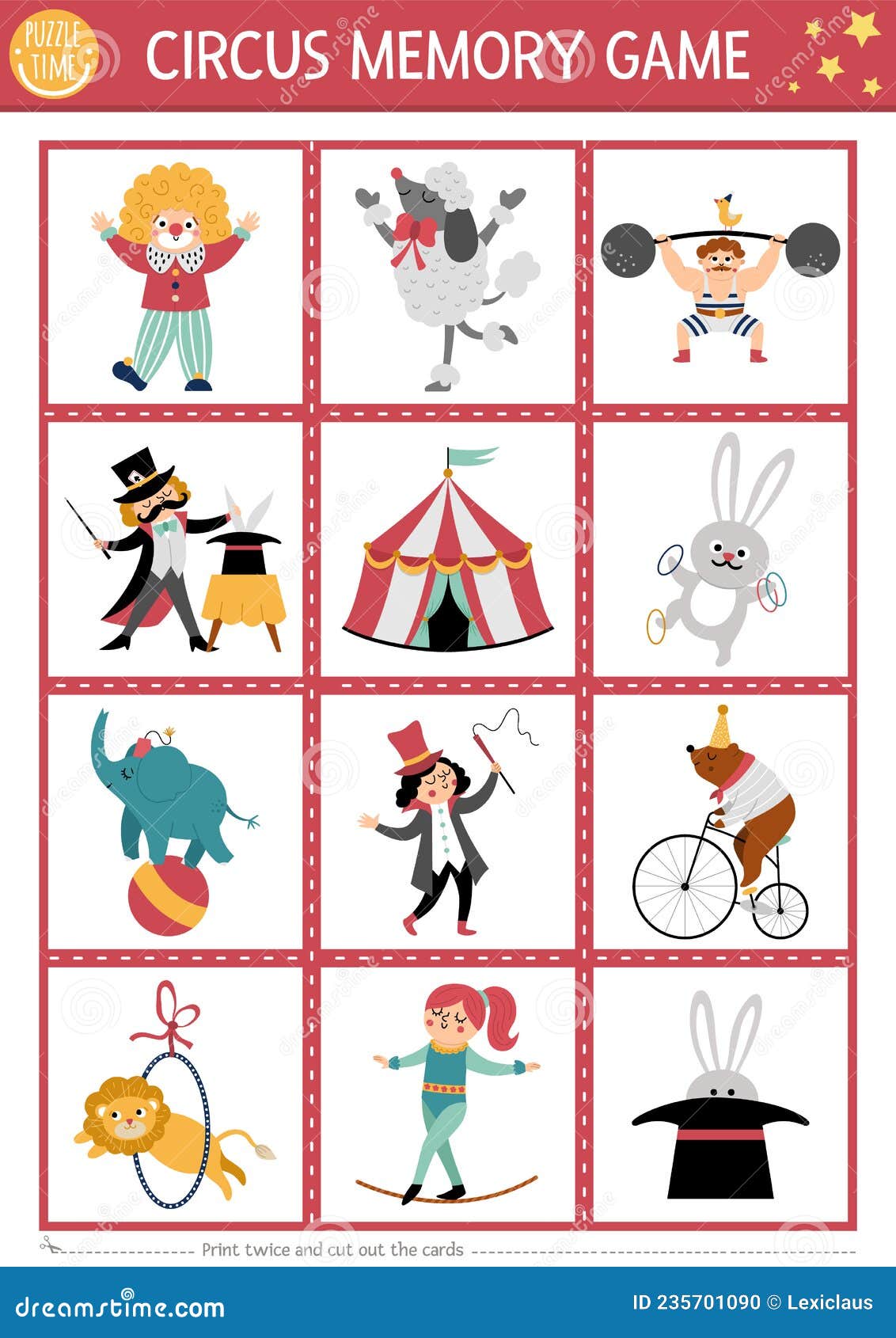 Vector Circus Memory Game Cards with Cute Artists. Amusement Show ...