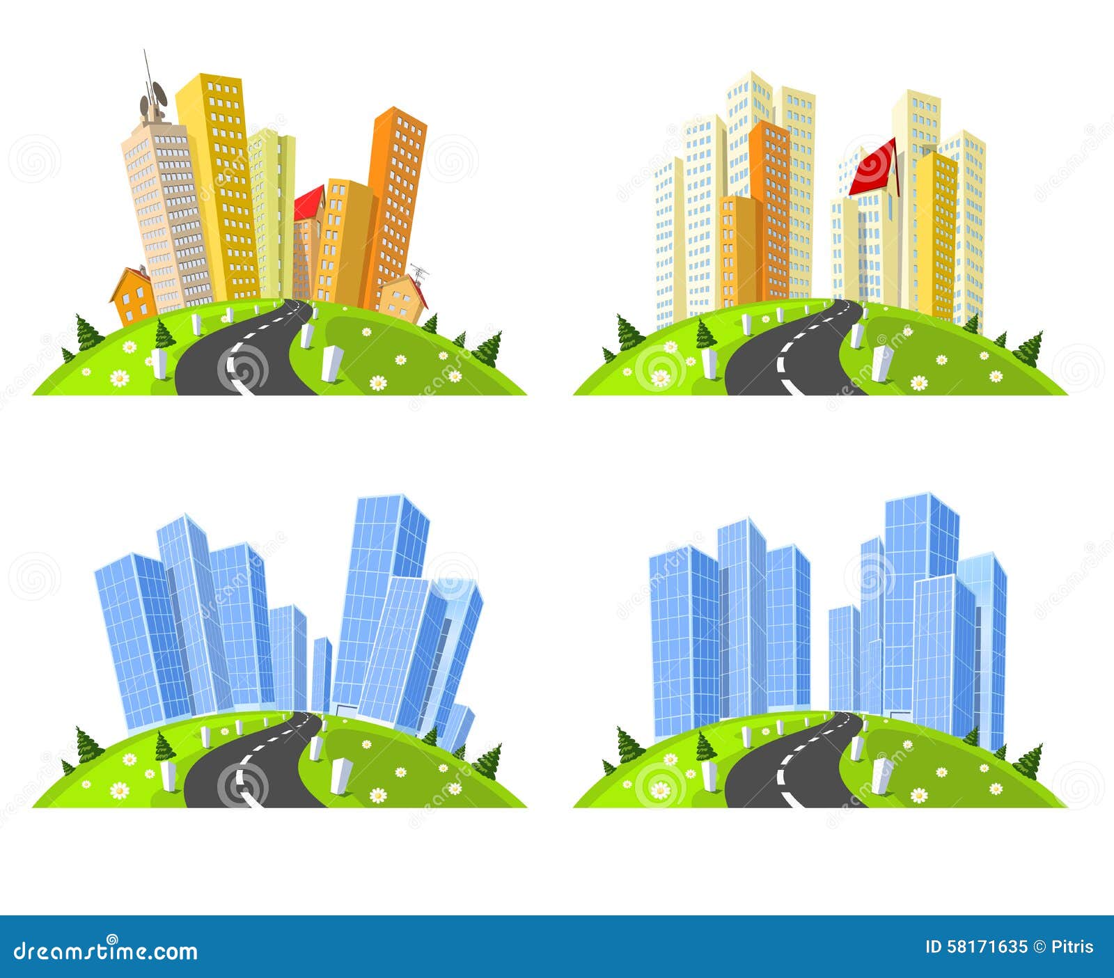 Vector Cities Skylines Set. Stock Vector - Illustration of building ...