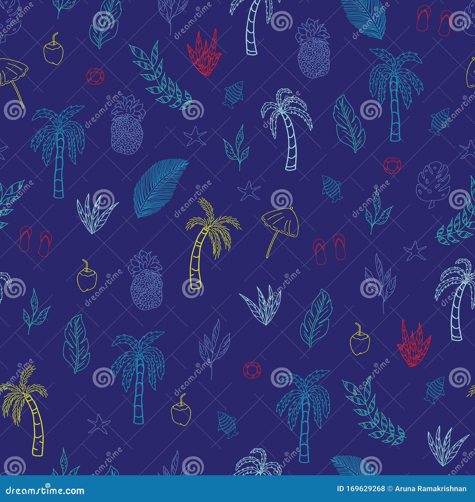 Vector Classic Blue Tropical Elements Seamless Pattern Background Stock ...
