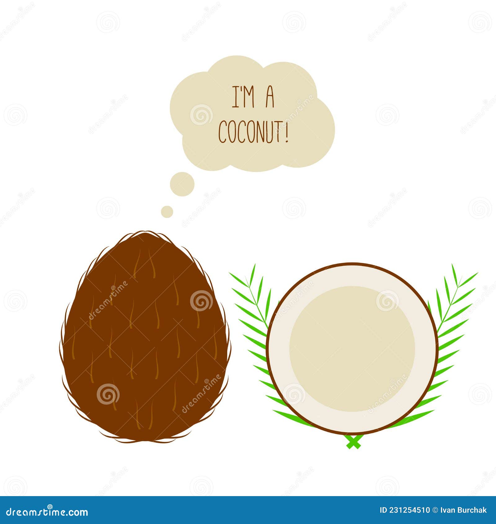 Vector Coconut Whole and Half Cut. Thought or Think Bubble Stock Vector ...