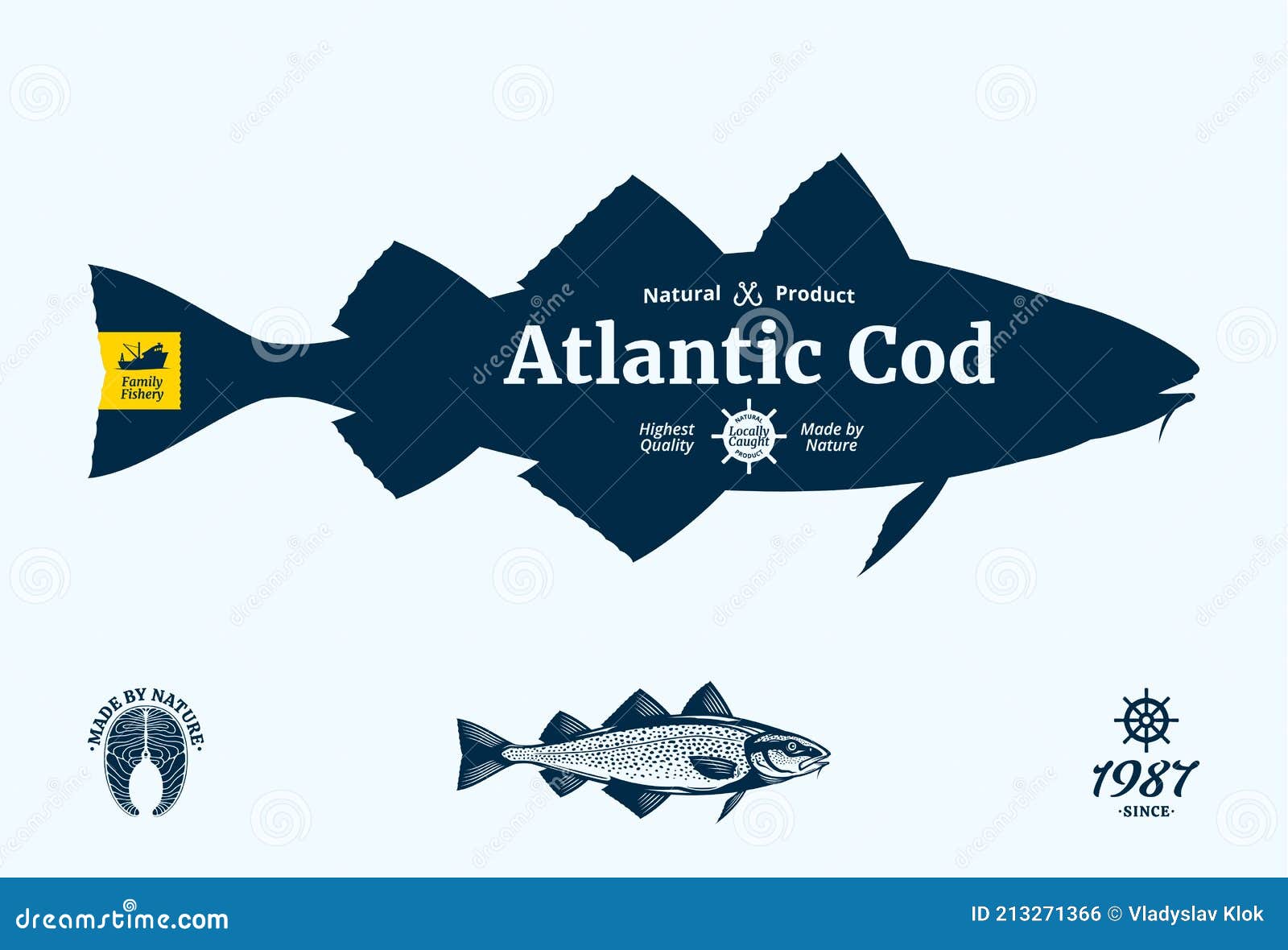 Vector cod seafood label stock vector. Illustration of fish - 213271366