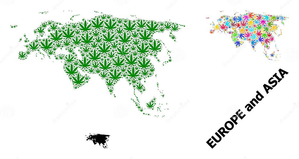 Vector Collage Map of Europe and Asia of Bright and Green Weed Leaves ...