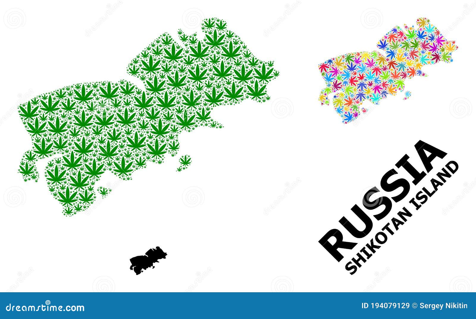 Vector Collage Map of Shikotan Island of Psychedelic and Green Weed ...