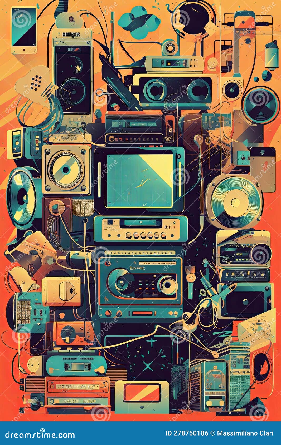 A Vector Collage Poster of Retro Objects Such As Cassette Tapes, Floppy ...