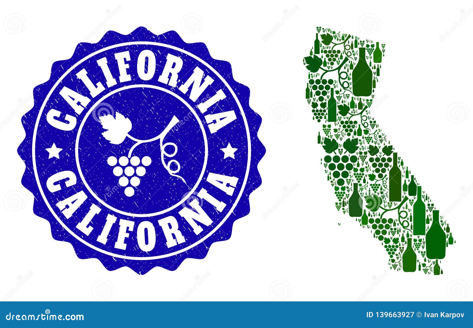 Composition of Grape Wine Map of California and Grape Grunge Stamp ...