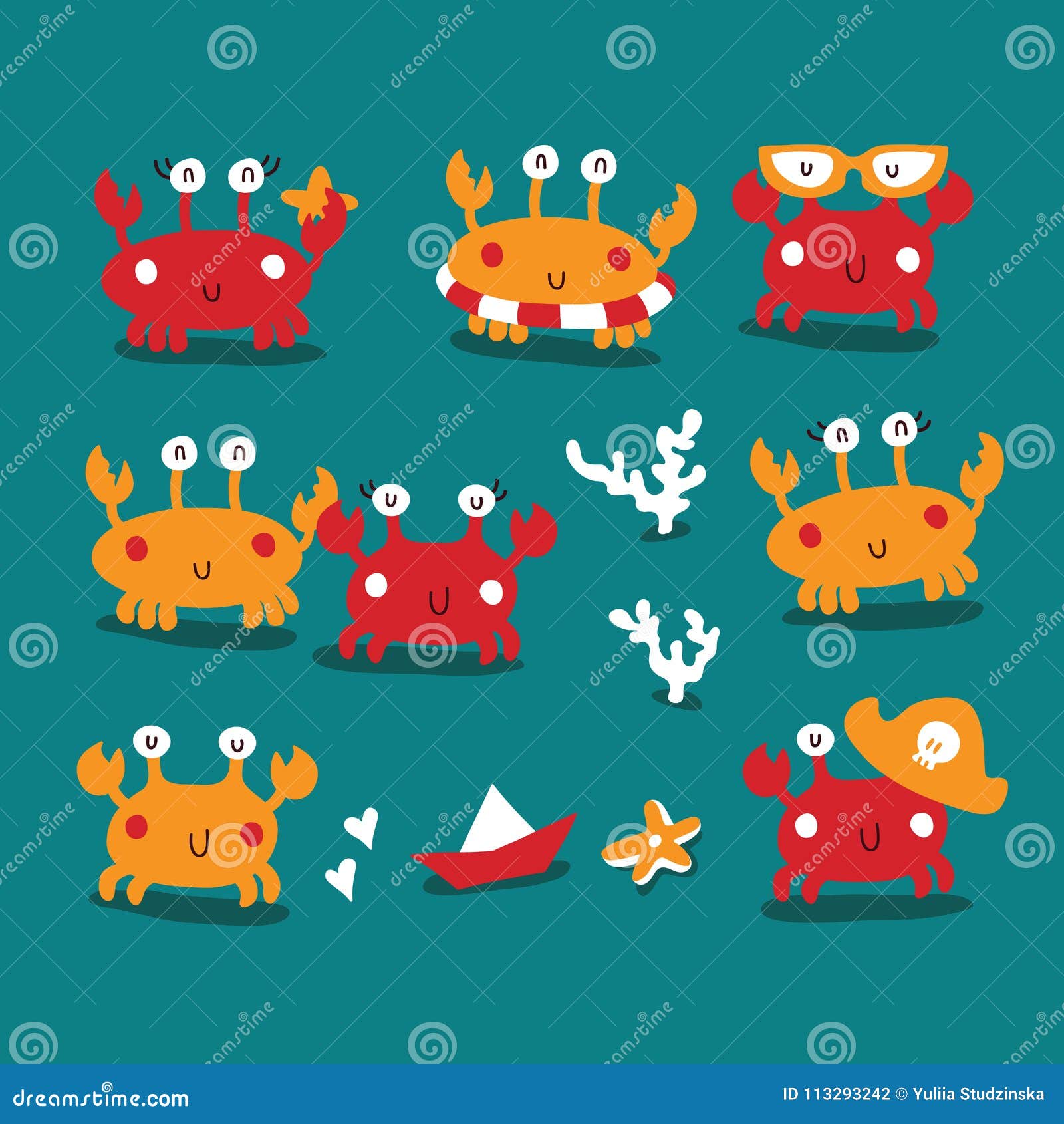 Funny crabs set stock vector. Illustration of collection - 113293242