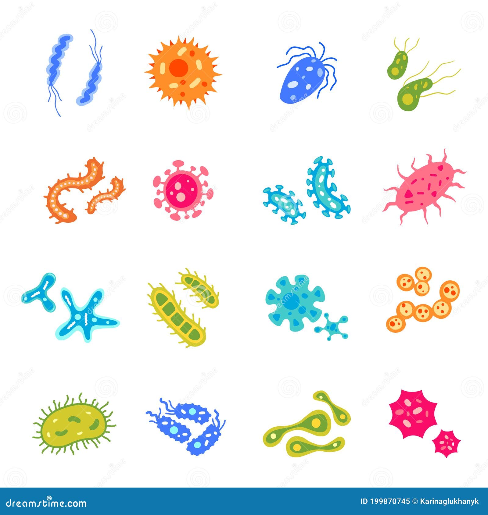 Vector Collection Of Flat Virus And Microbe Illustrations. Bacterium ...