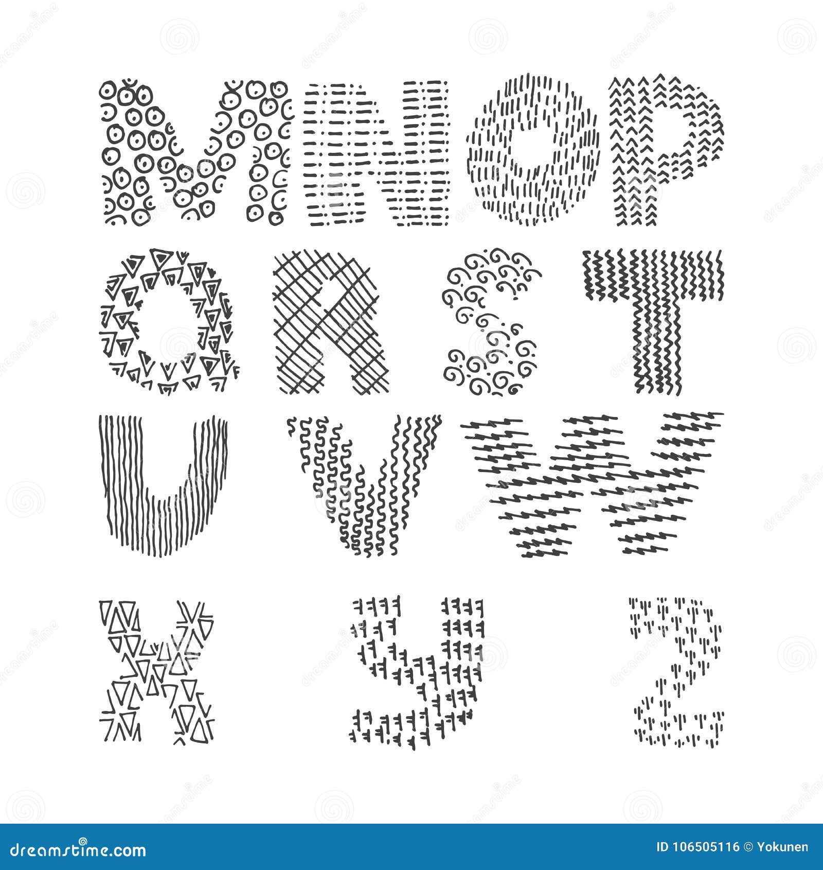 Vector Collection with Hand Drawn Textured Letters Sequence from M To Z ...