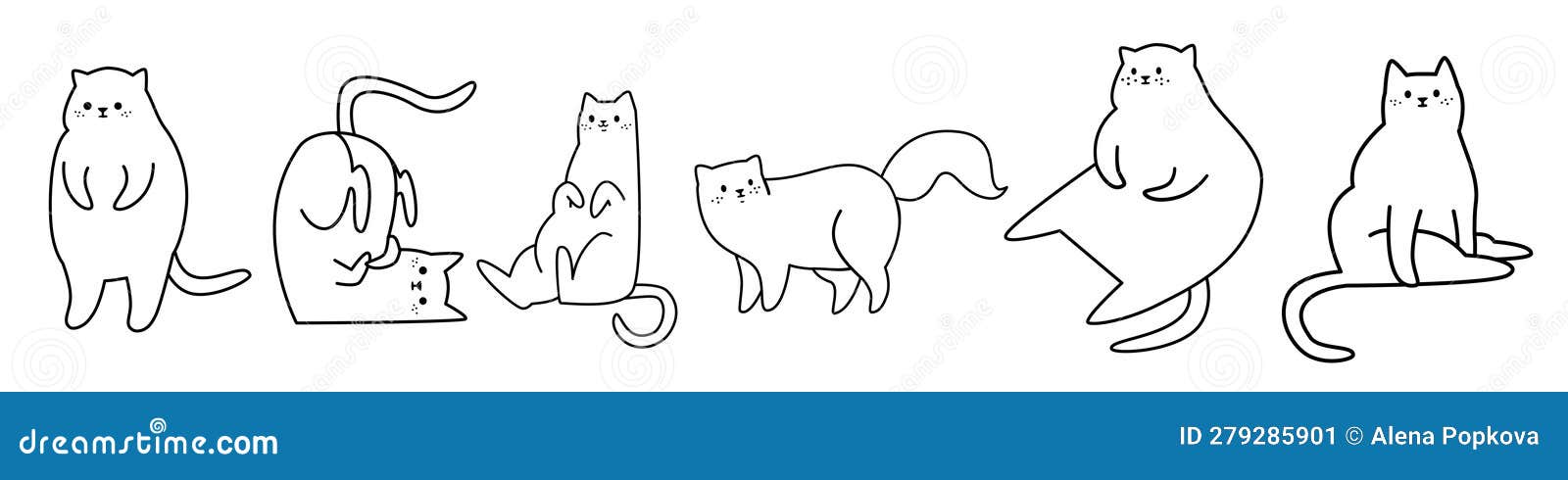 Vector Collection of Linear Cat. Cute Black and White Cats. Stock ...