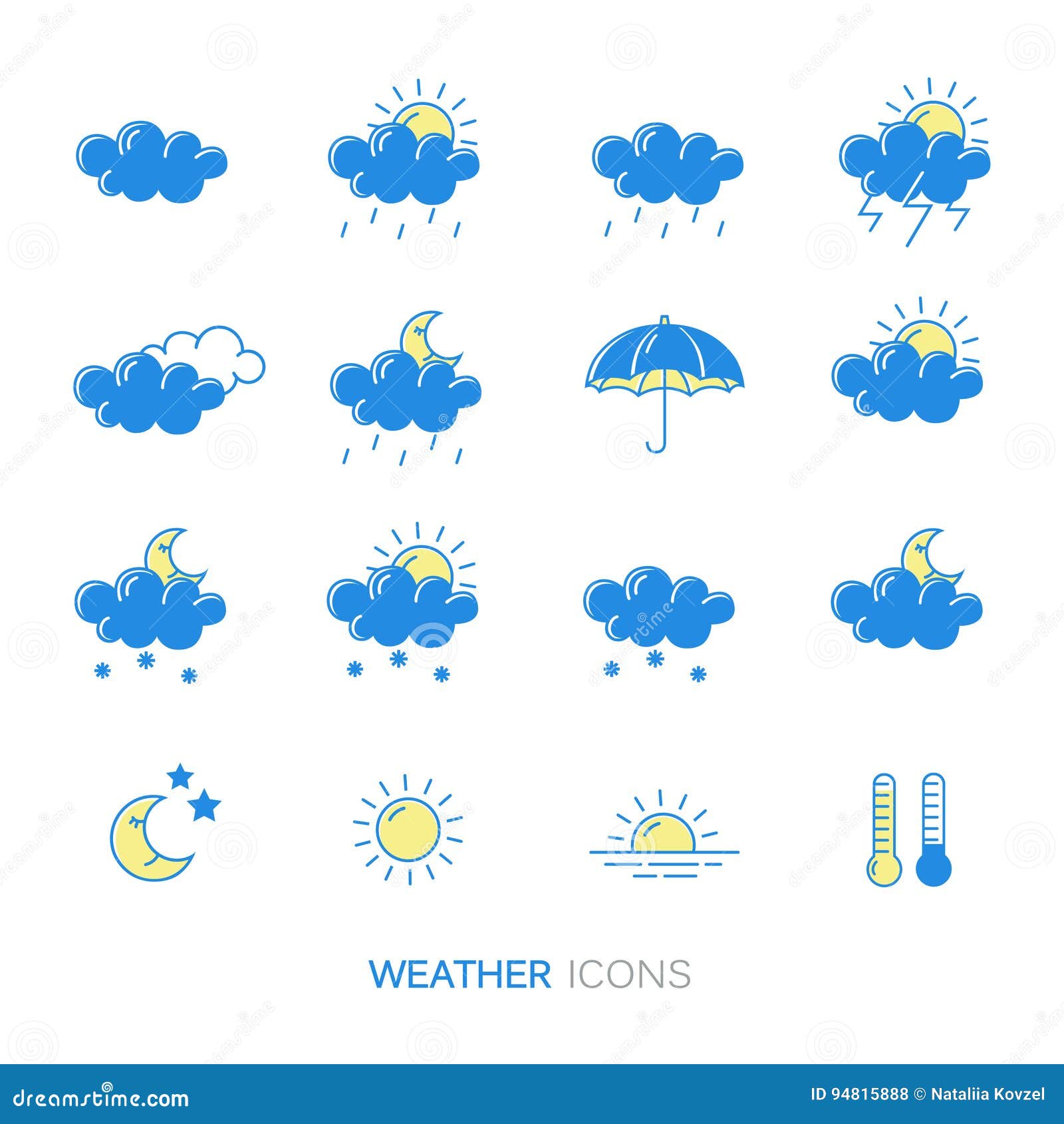 Vector Collection of Linear Flat Weather Icons in Blue and Yellow ...