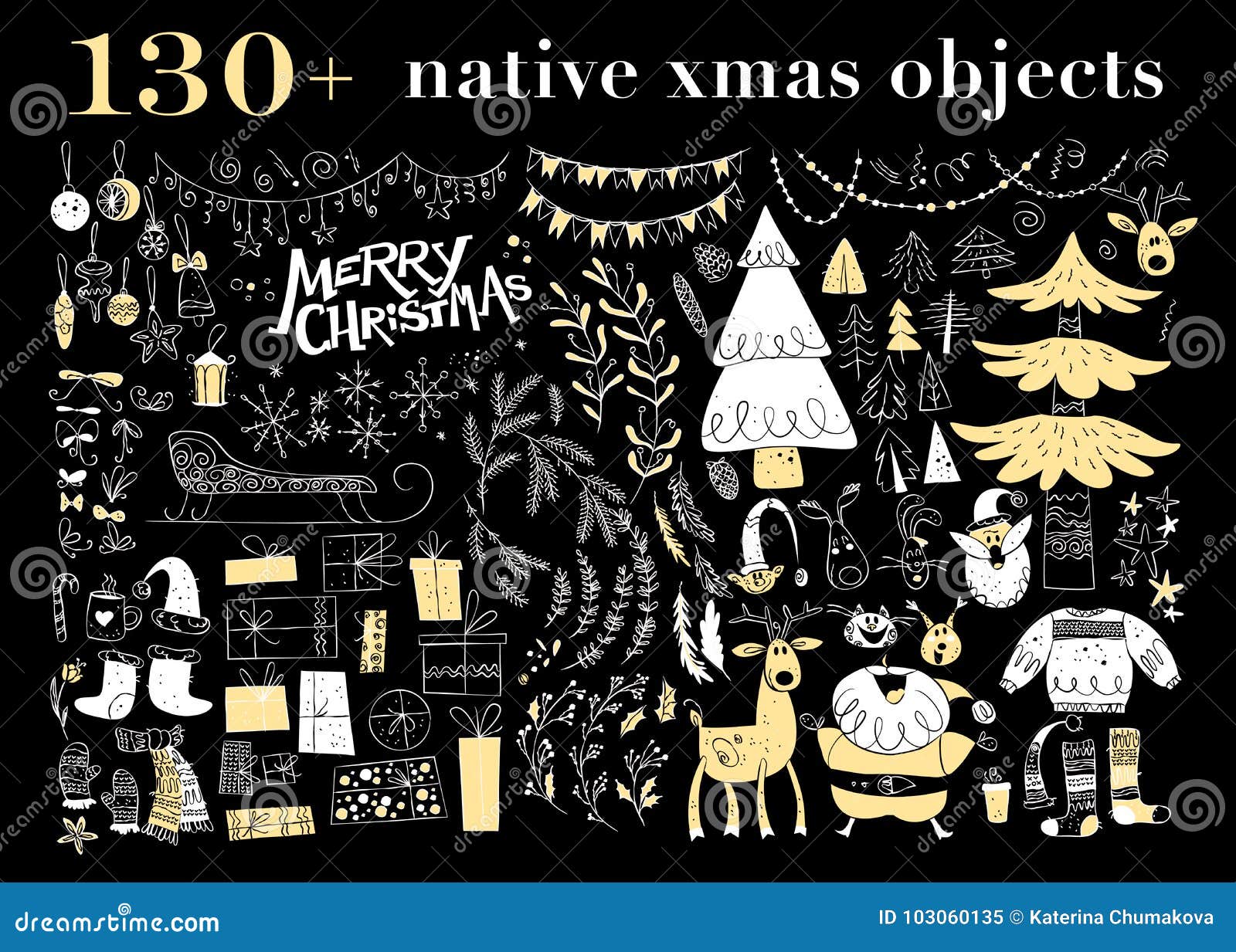 Vector Collection of Native Christmas Design Elements Isolated on Black ...