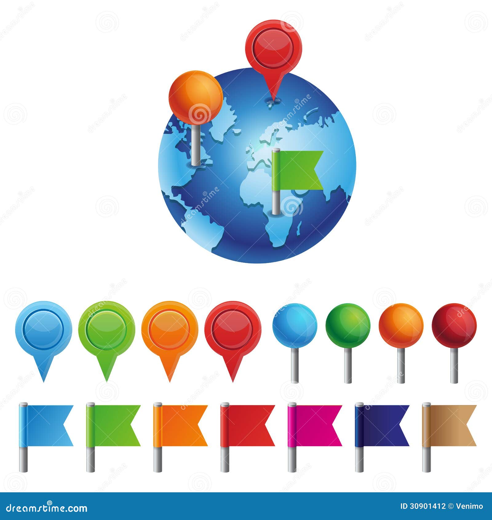 Vector Collection with Pins and Marks on Globe Stock Vector ...