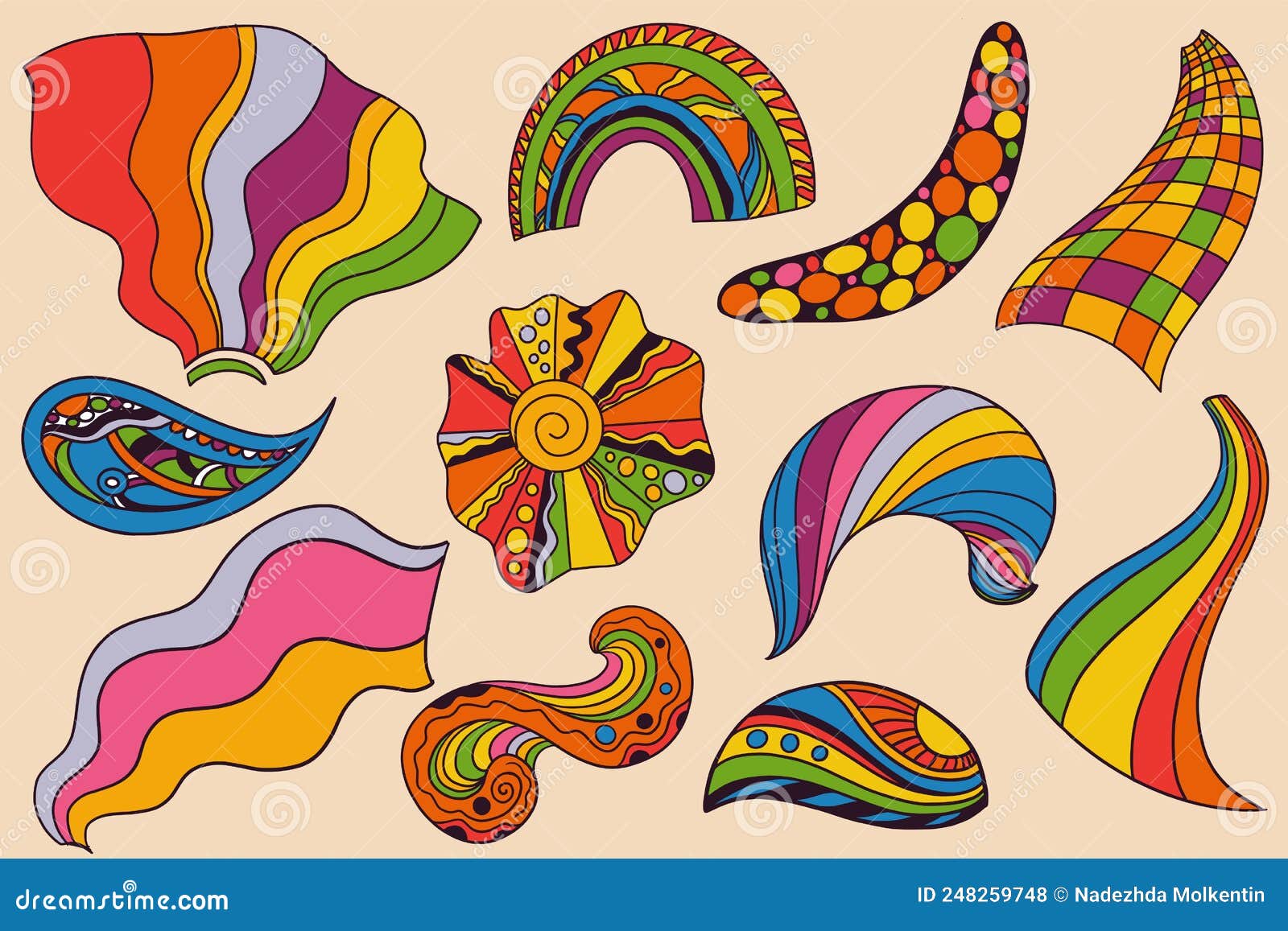 Vector Collection of Retro Colorful Stickers in Psychedelic 1970s Style ...