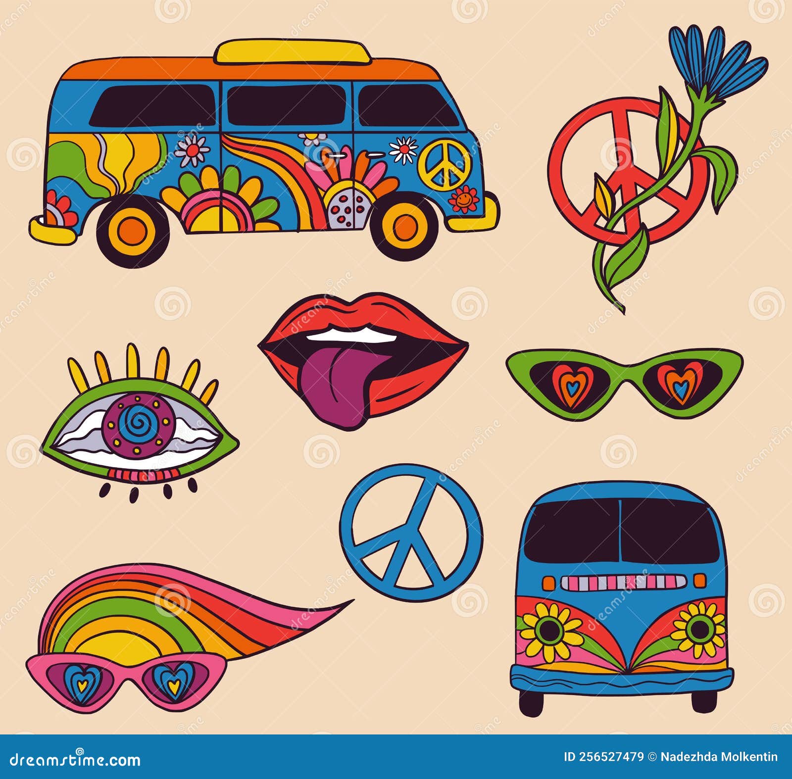 Vector Collection of Retro Colorful Stickers in Psychedelic 1970s Style ...