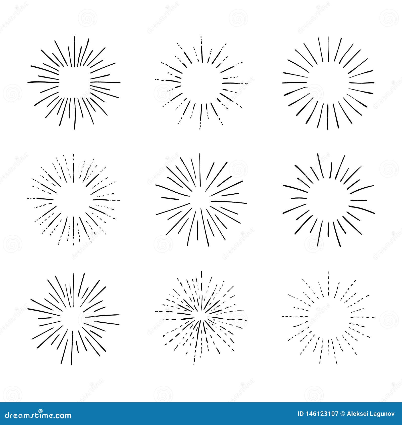 Vector Collection of Retro Light Rays, Black Outline Drawings, Vintage ...