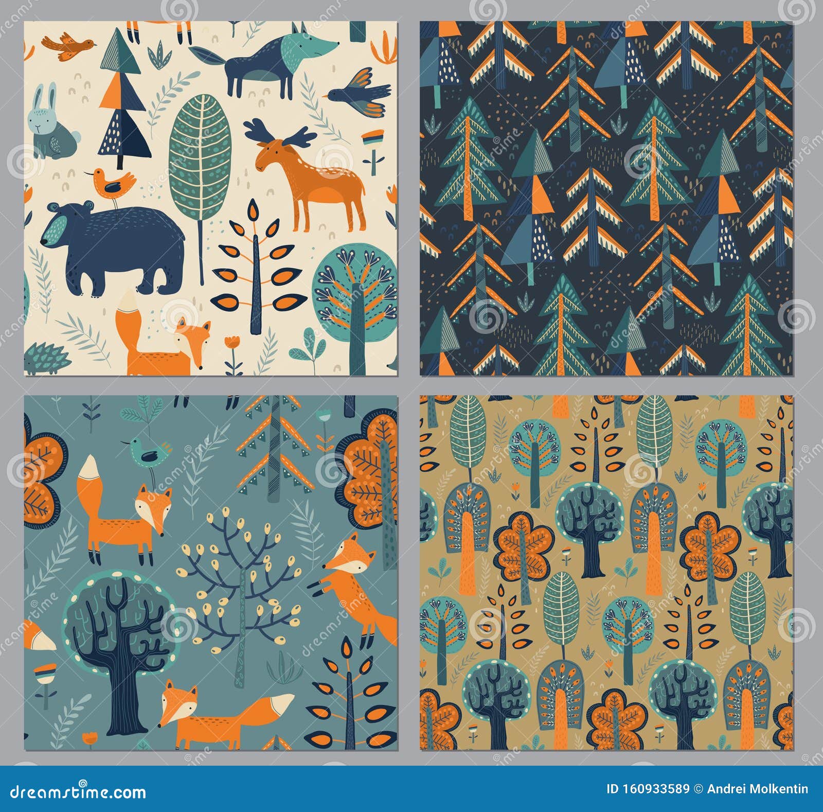 Vector Collection of Seamless Patterns with Hand Drawn Forest Animals ...