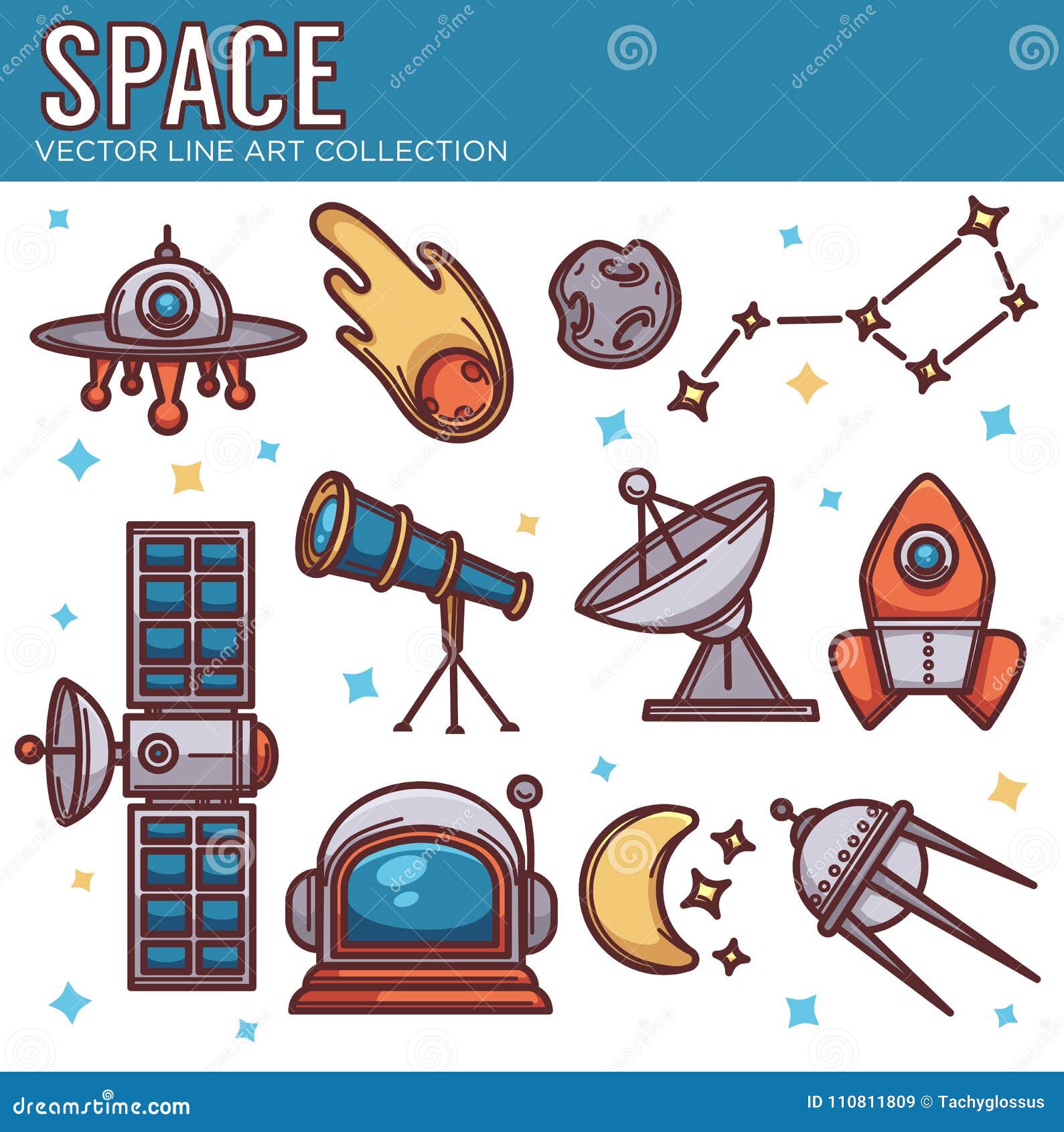 Vector Collection of Space Cosmos Objects in Line Art Style on W Stock ...
