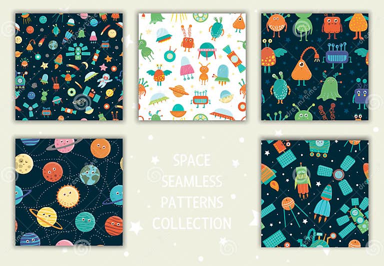 Vector Collection of Space Seamless Patterns. Bright and Cheerful ...