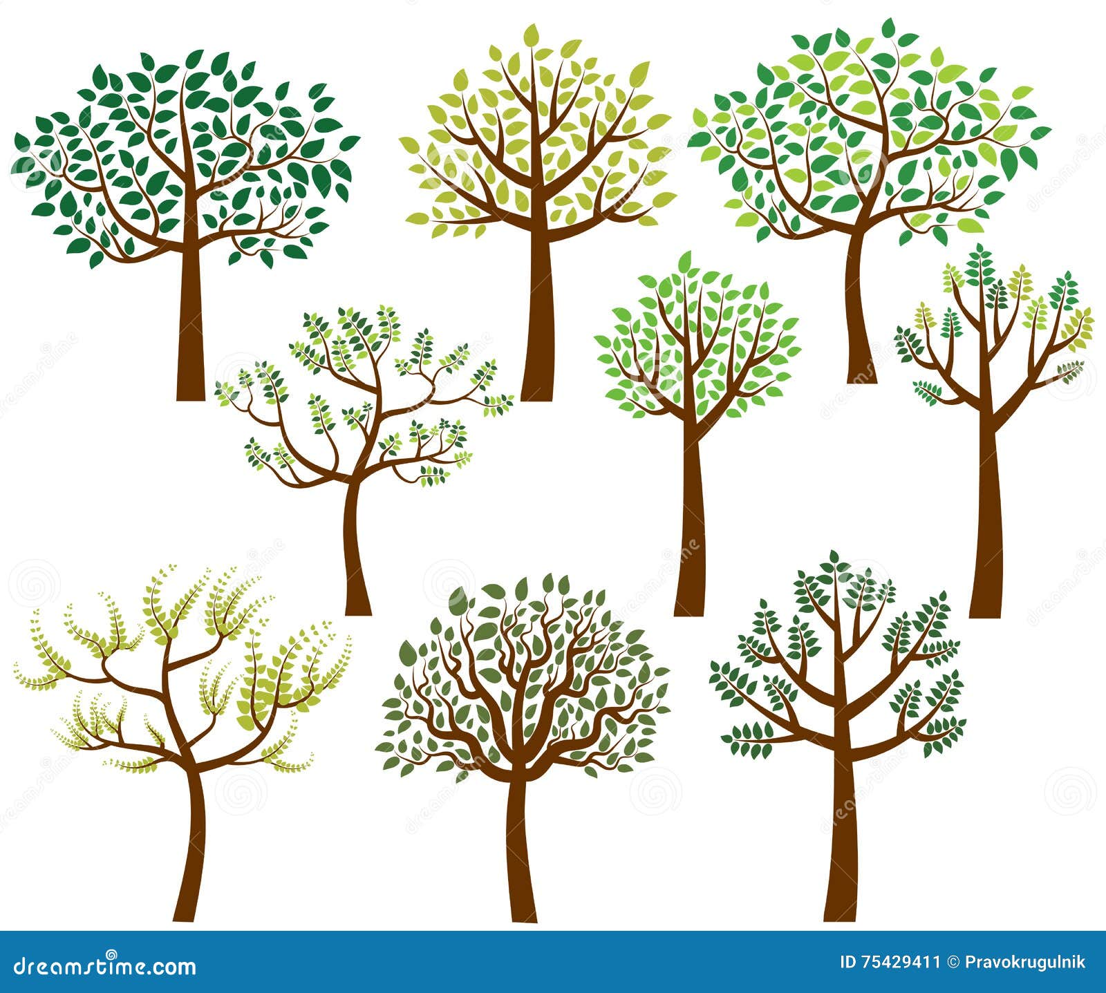 Vector Collection of Stylized Tree Silhouettes with Leaves Stock Vector ...