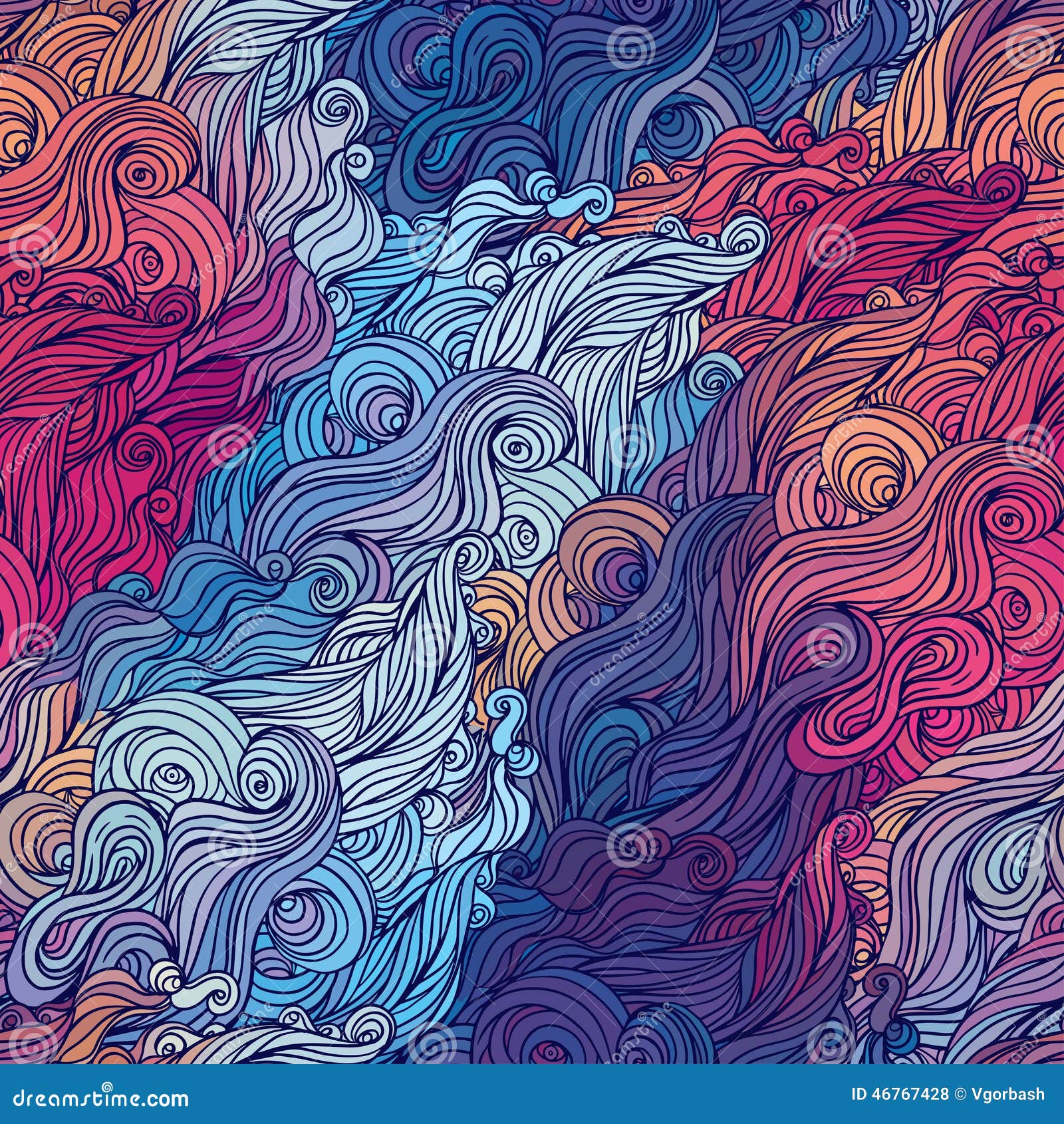 Vector Color Abstract Hand-drawn Hair Pattern with Waves and Clouds ...