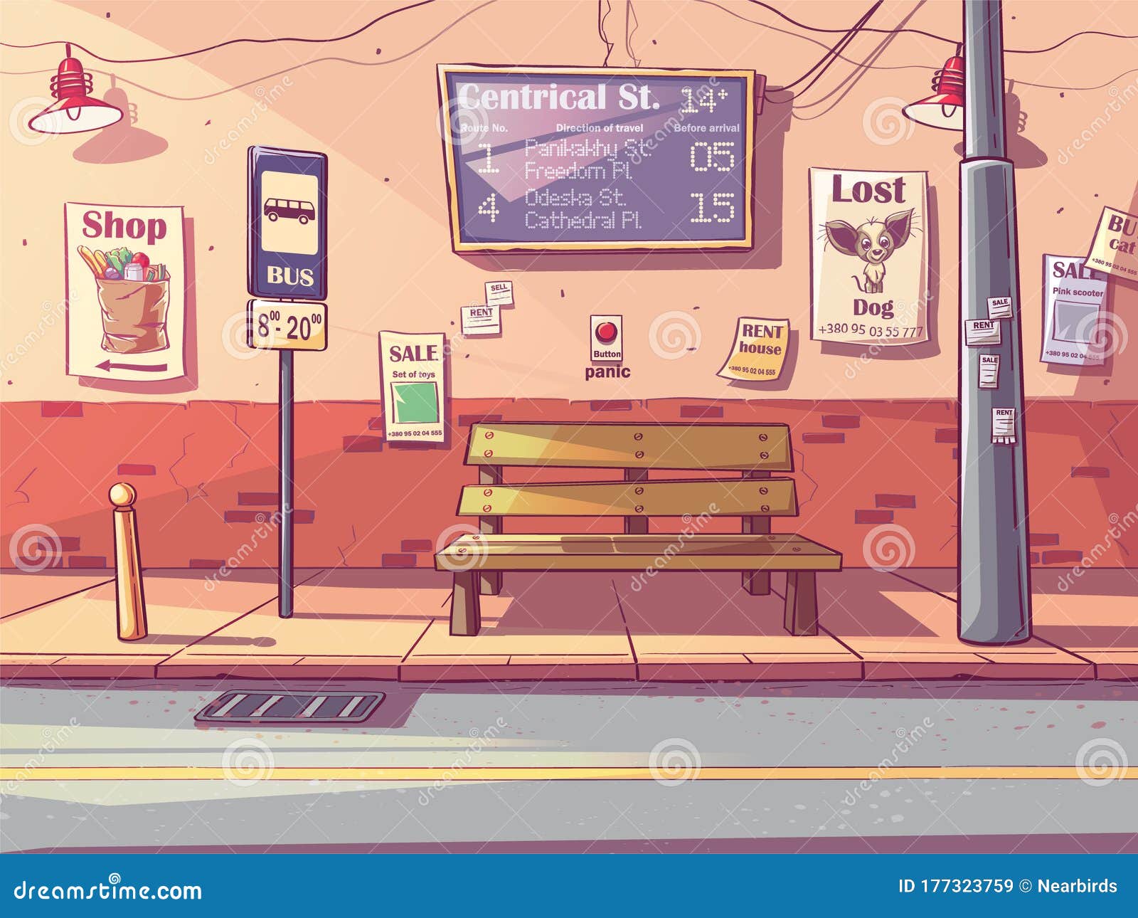 Bus At The Bus Stop On Background Of Night City Cartoon Vector ...