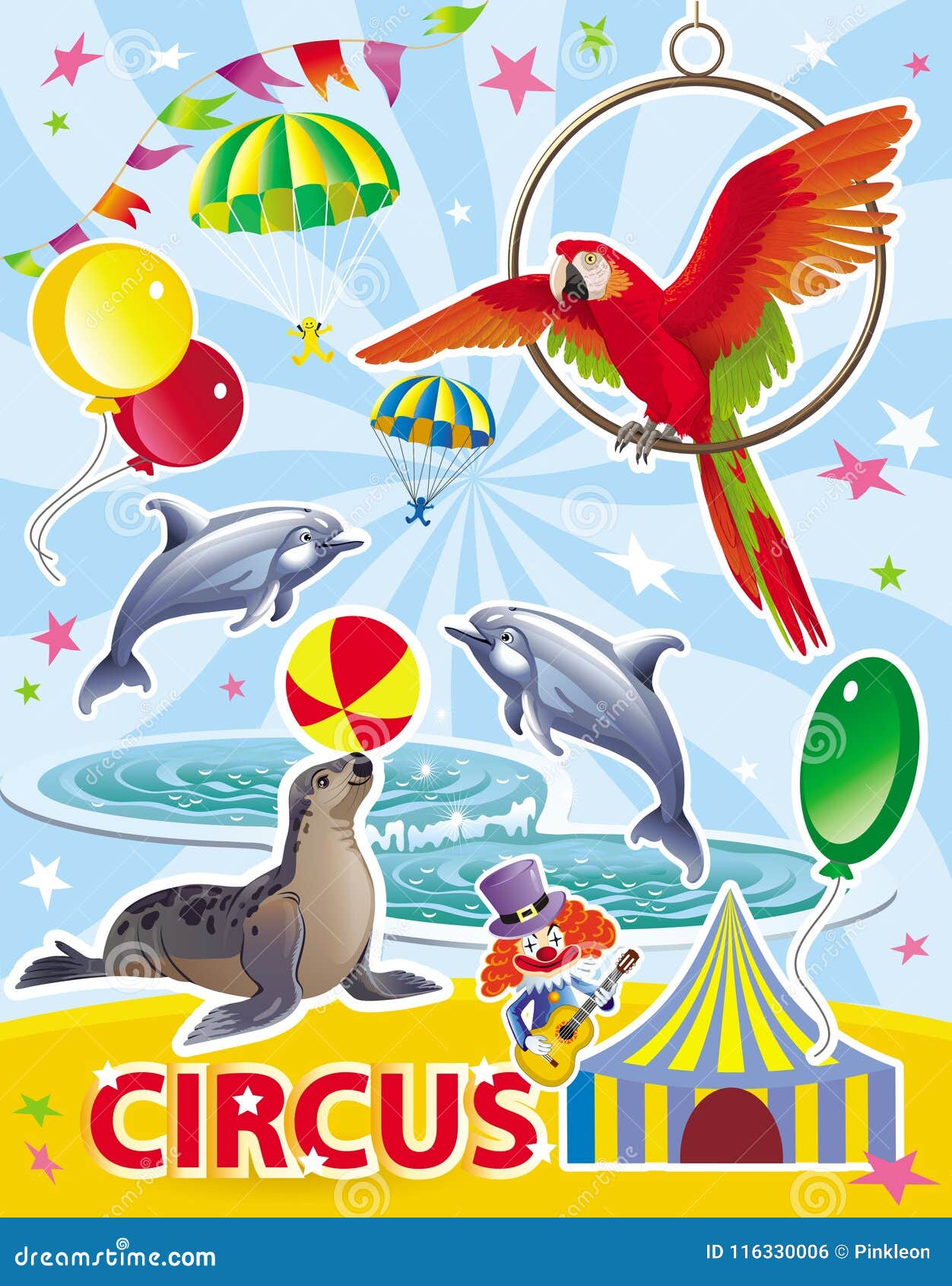 Circus Poster with Dolphins, Seal, Red Parrot and Clown Stock ...