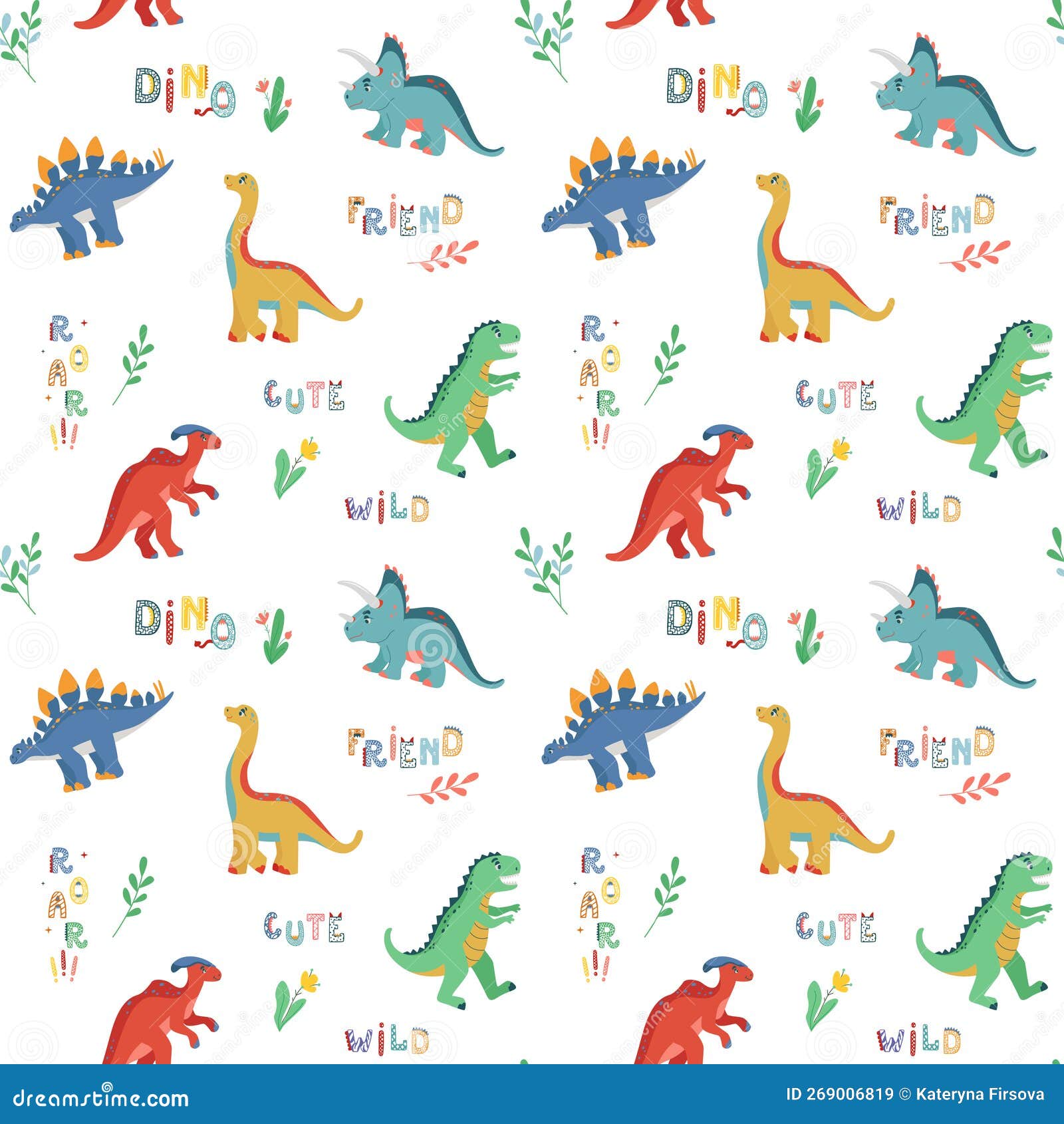 Vector Colored Seamless Repeating Children Pattern with Cute Dinosaurs ...