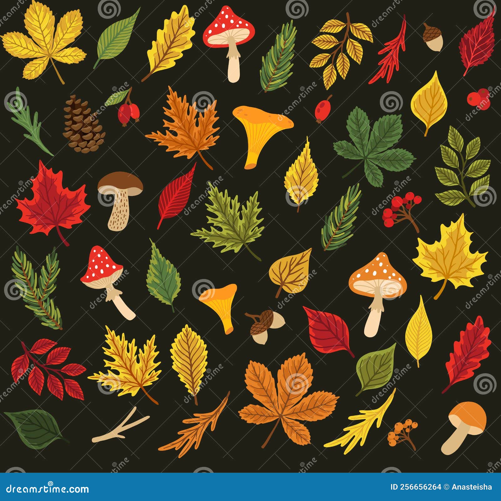 Vector Colorful Autumn Seamless Pattern with Fall Leaves, Cone and ...