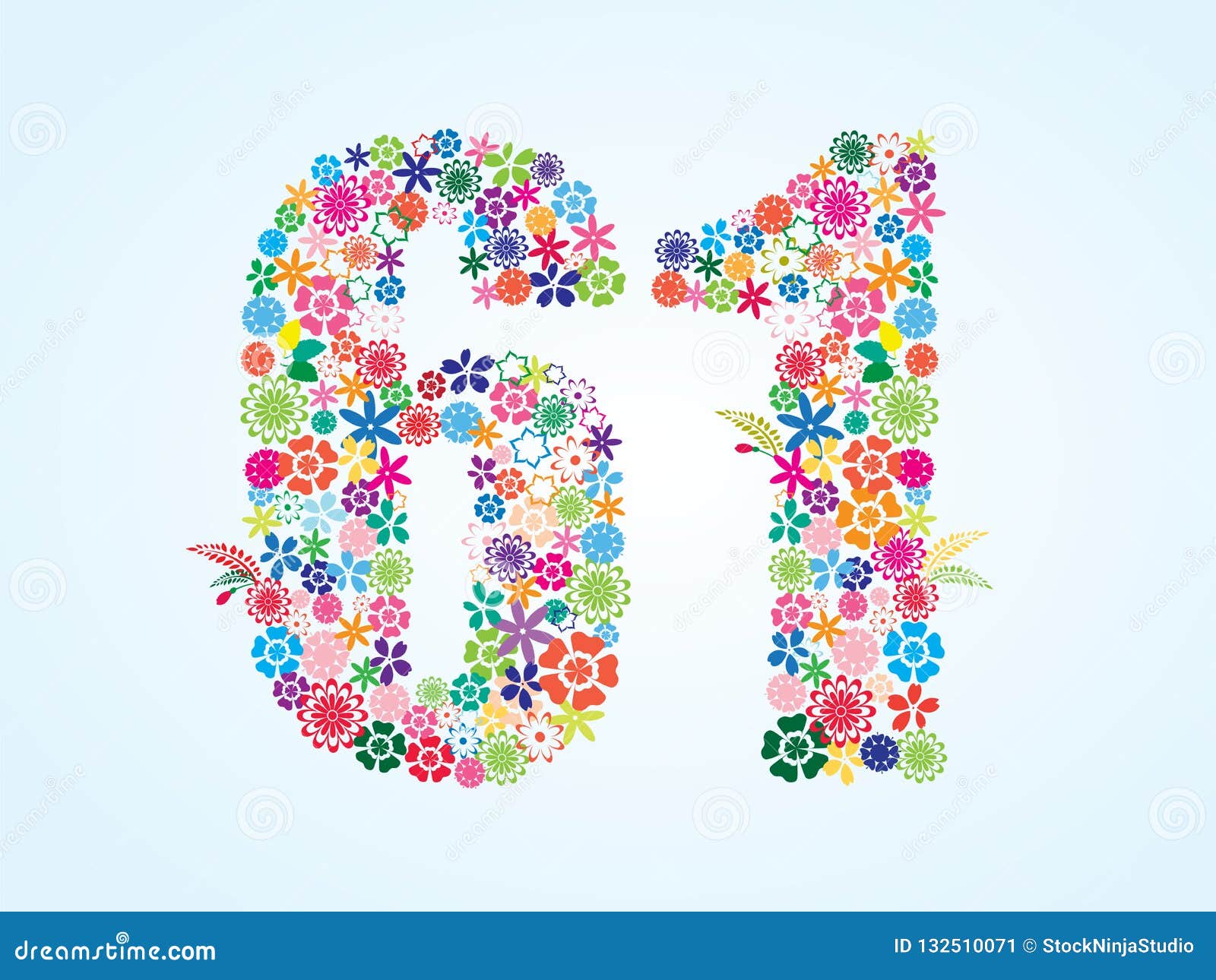 Vector Colorful Floral 61 Number Design Isolated on White Background ...