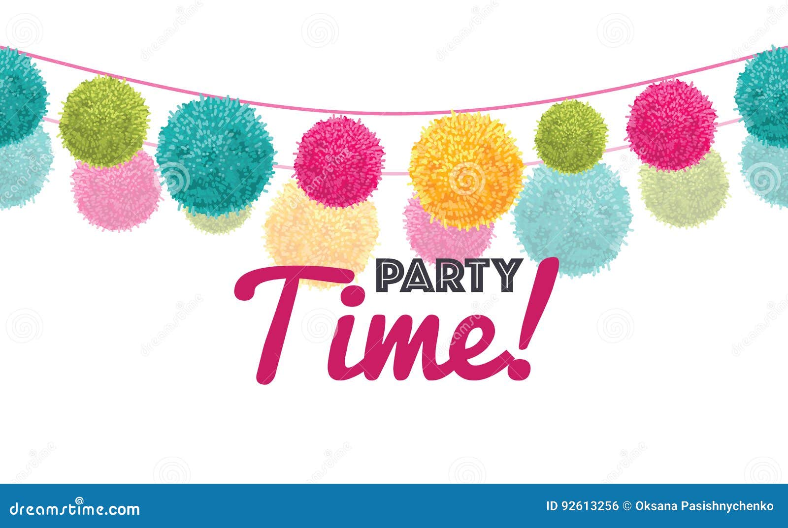 Vector Colorful Happy Birthday Party Time Text Pom Poms Set On Two ...