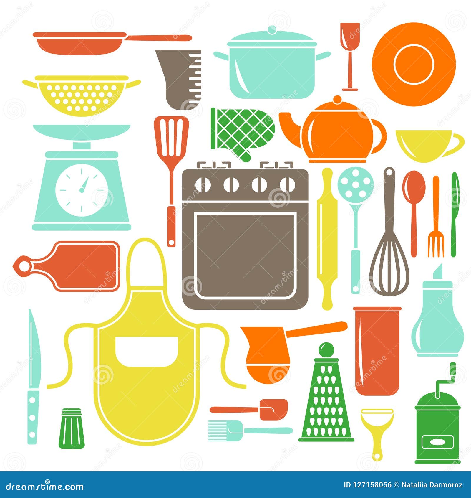 Vector Colorful Kitchen Icons Set. Flat Style Cooking Elements. Stock ...