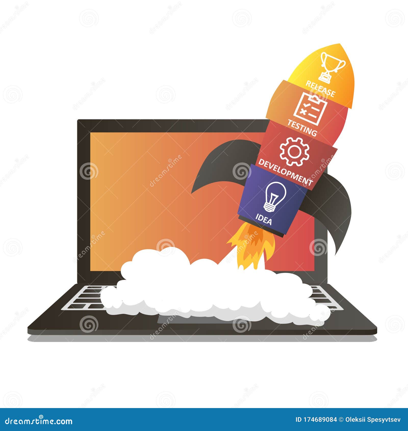 Vector Colorful Rocket and a Laptop with Idea, Development, Testing and ...