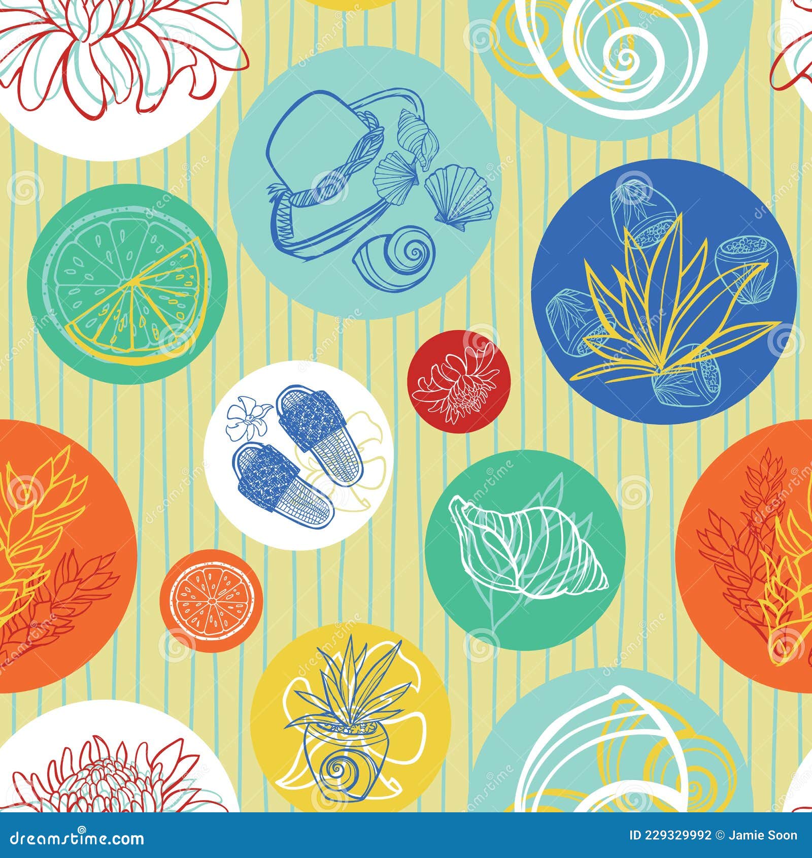 Vector Colourful Summer Time Beach Seamless Repeat Pattern with Circles ...