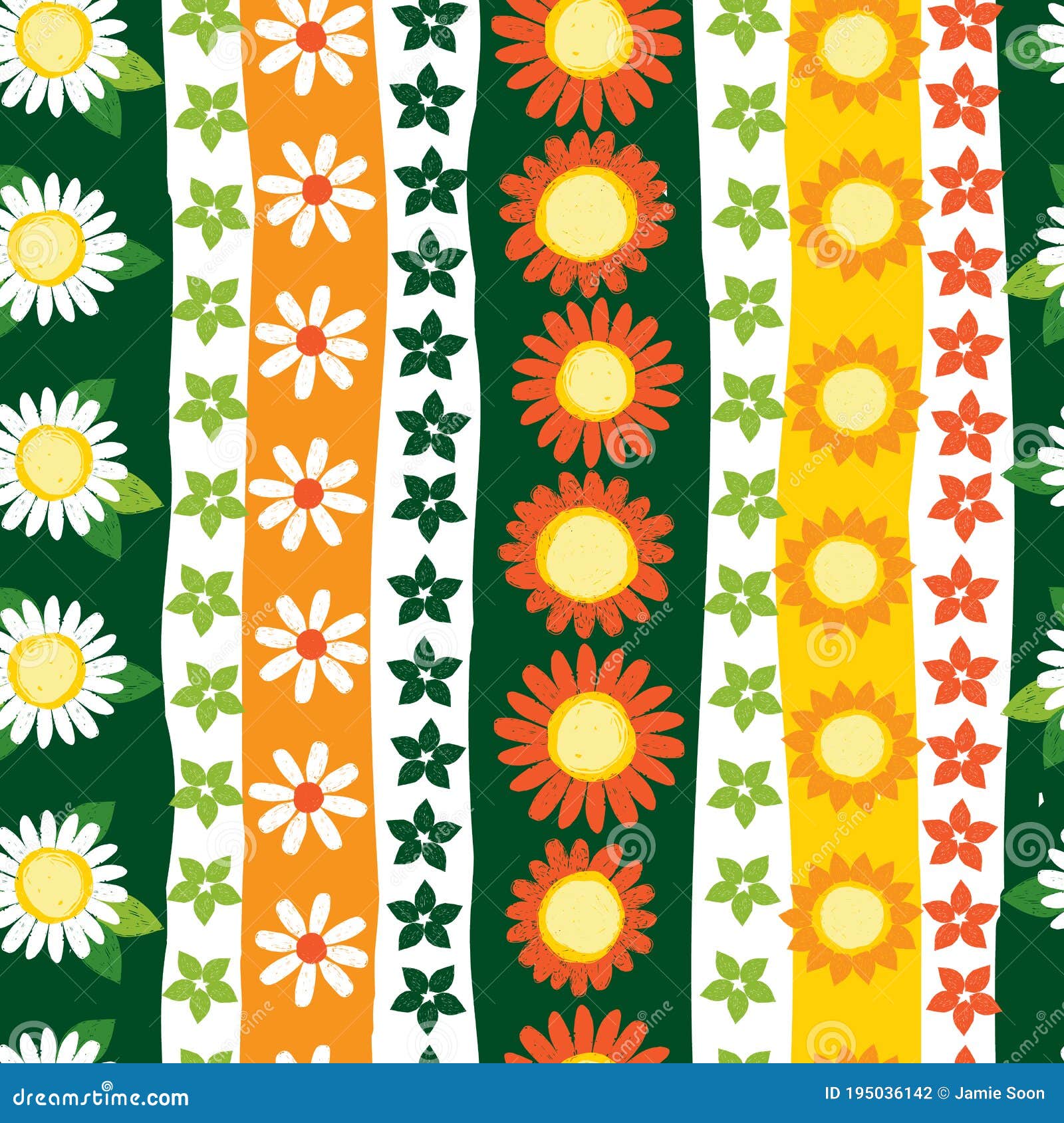 Vector Colourful Vertical Column Sunflowers Pen Sketch Repeat Pattern ...