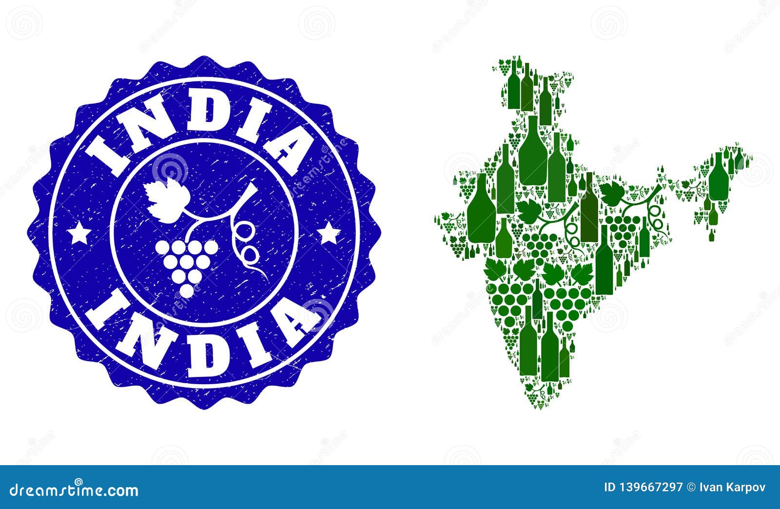 Collage of Grape Wine Map of India and Grape Grunge Stamp Stock Vector ...