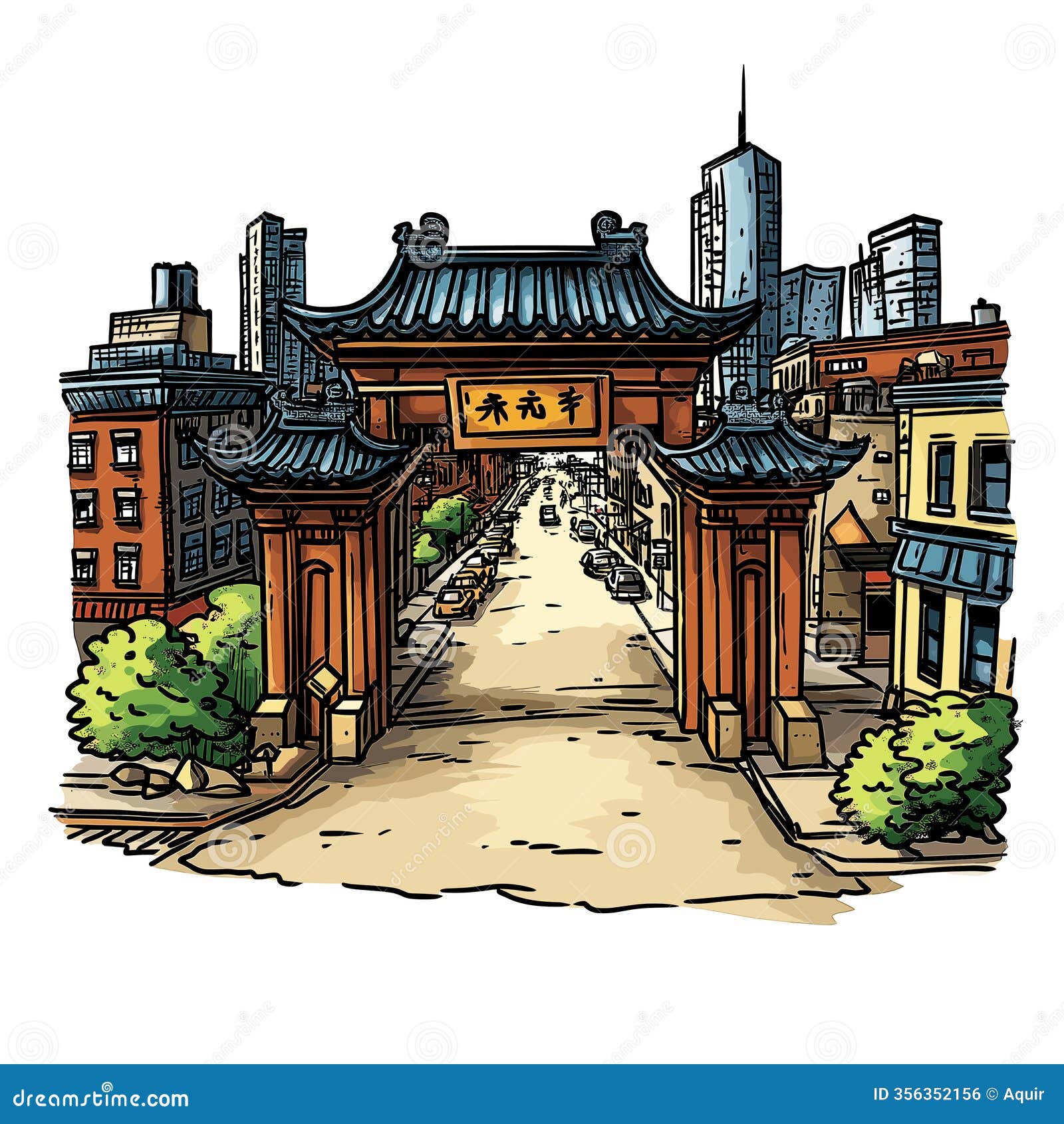 Vector Comic Hand-drawn Illustration of Chinatown Gate. Chinatown Gate ...