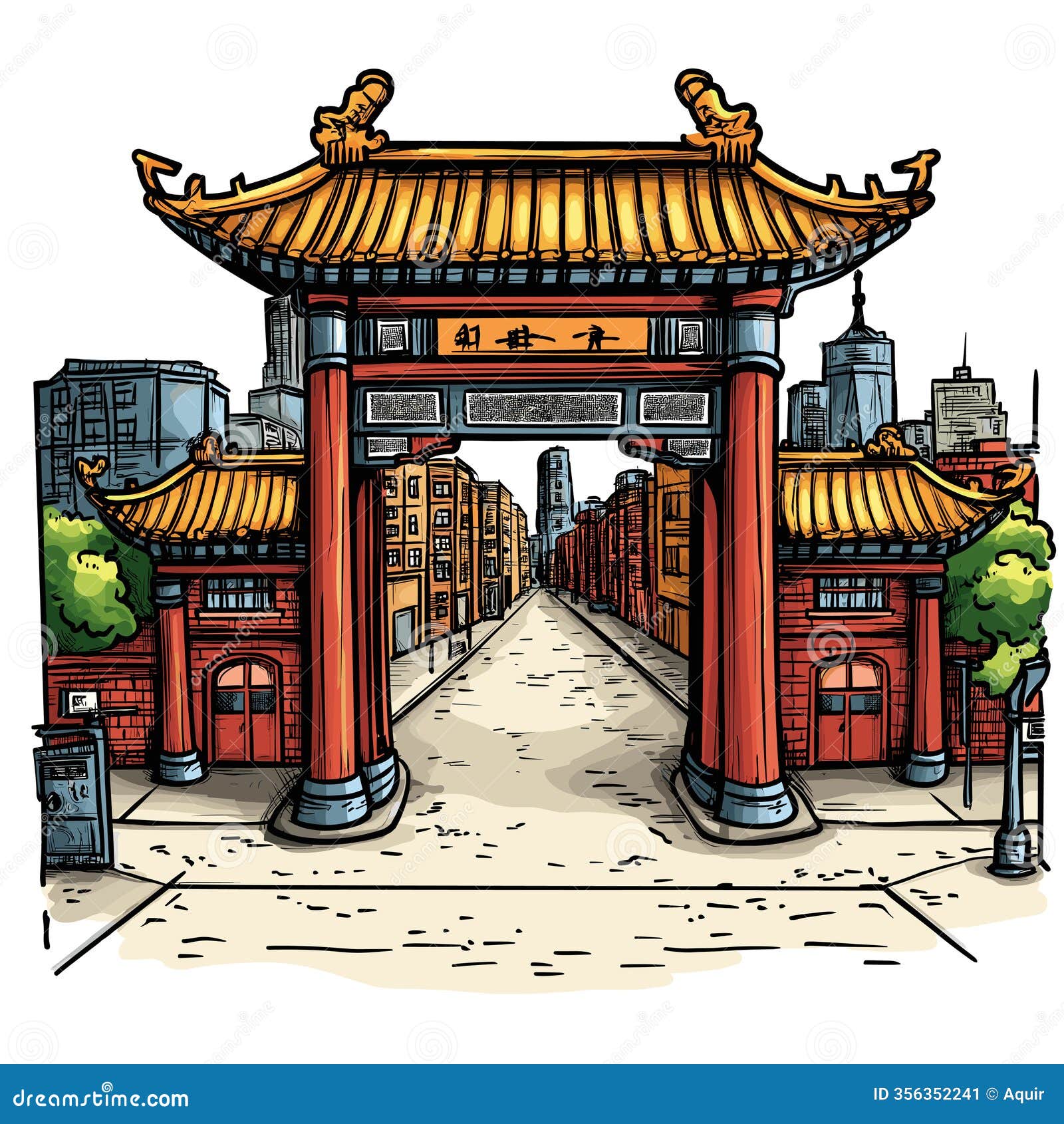 Vector Comic Hand-drawn Illustration of Chinatown Gate. Chinatown Gate ...
