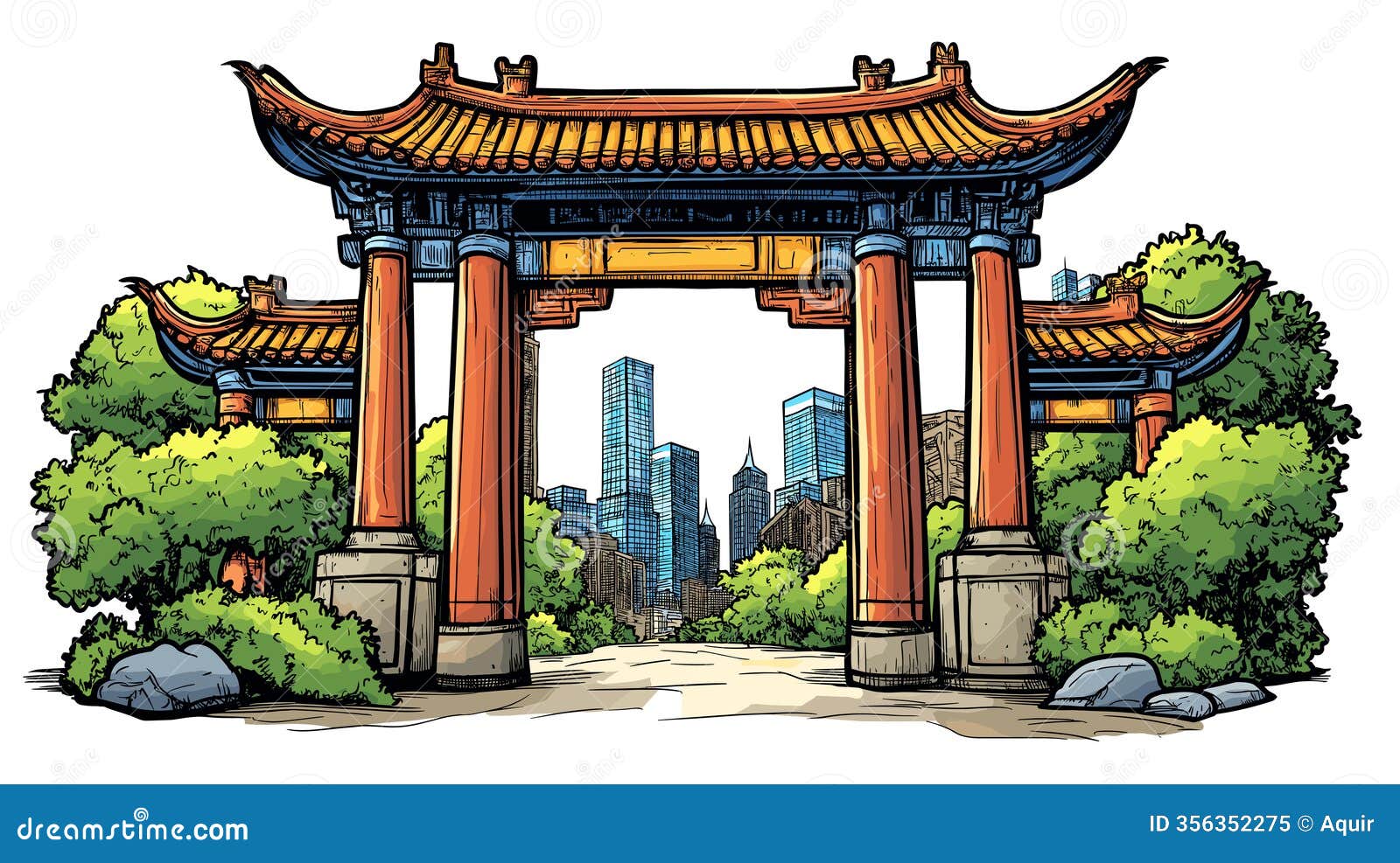 Vector Comic Hand-drawn Illustration of Chinatown Gate. Chinatown Gate ...