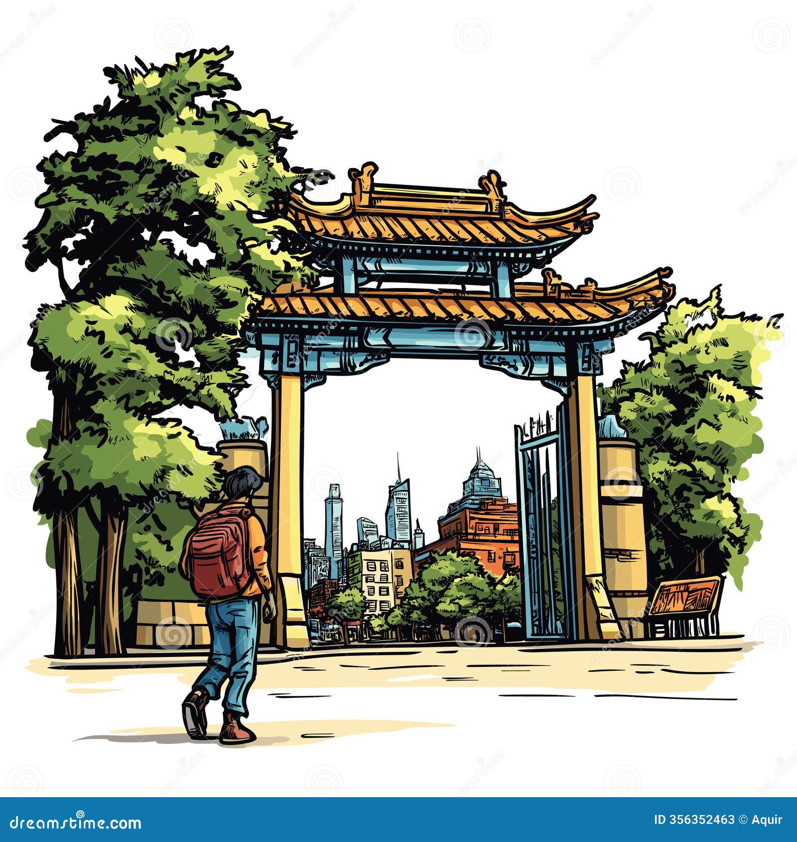 Vector Comic Hand-drawn Illustration of Chinatown Gate. Chinatown Gate ...