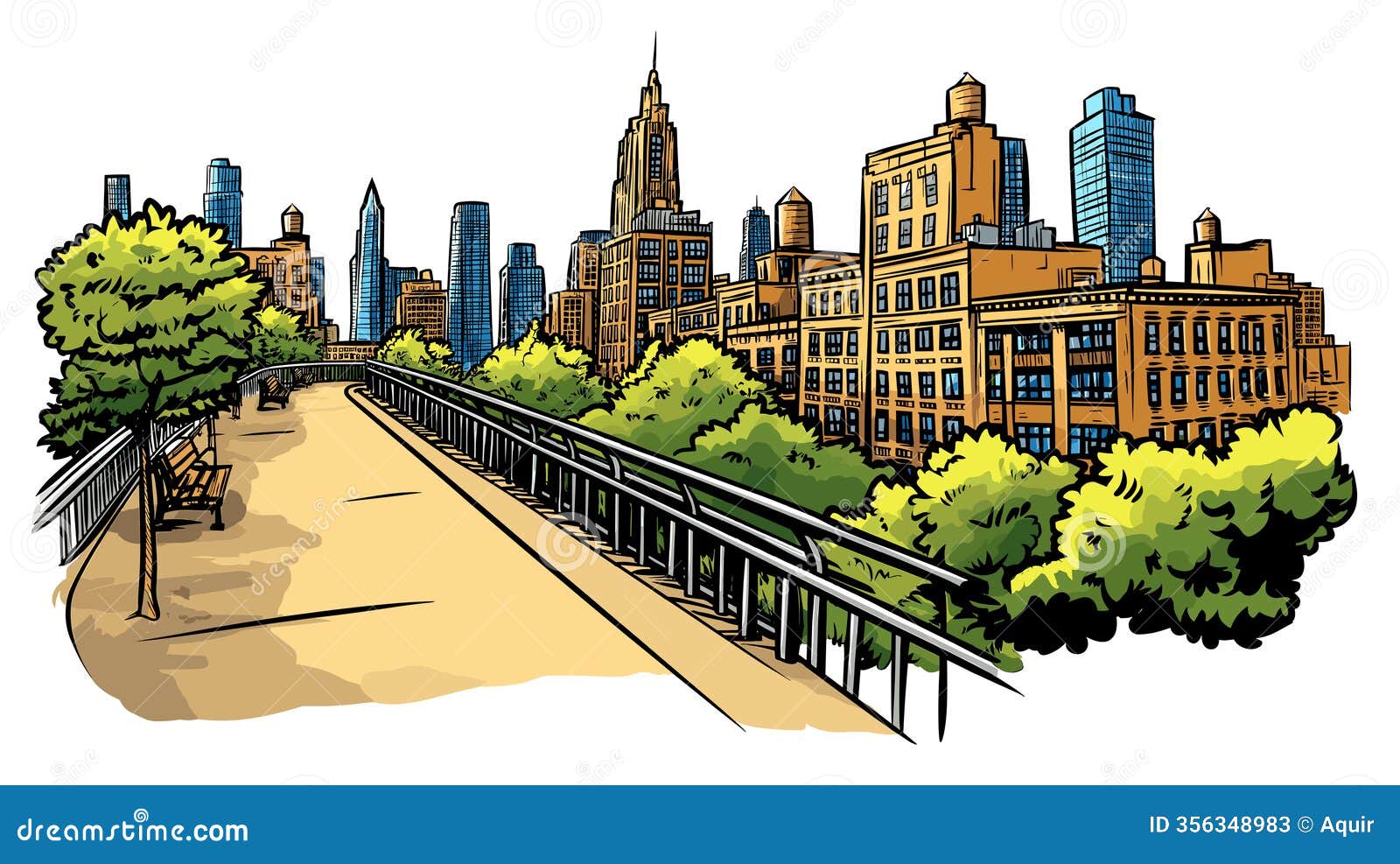 Vector Comic Hand-drawn Illustration of High Line Park. High Line Park ...