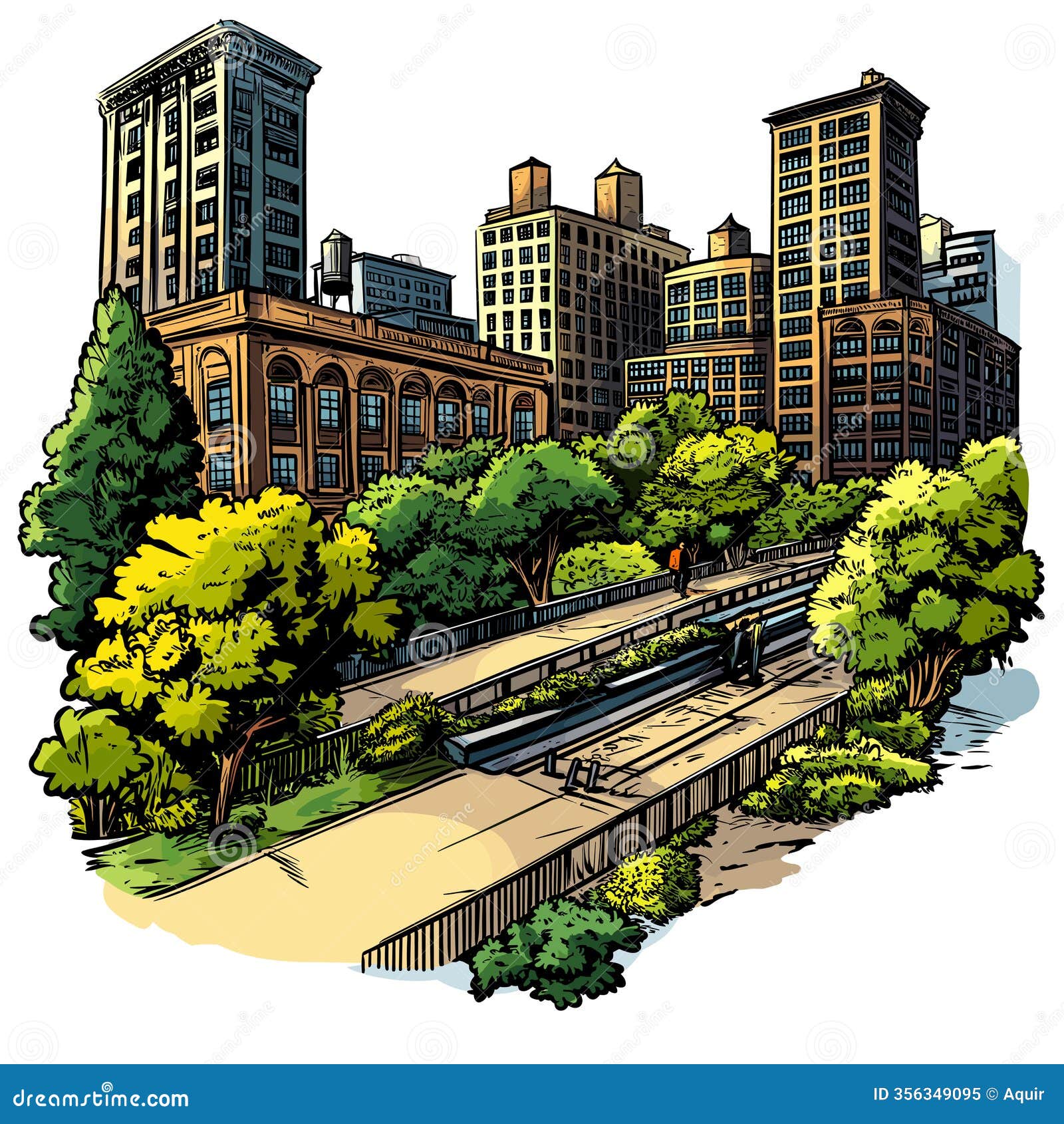 Vector Comic Hand-drawn Illustration of High Line Park. High Line Park ...