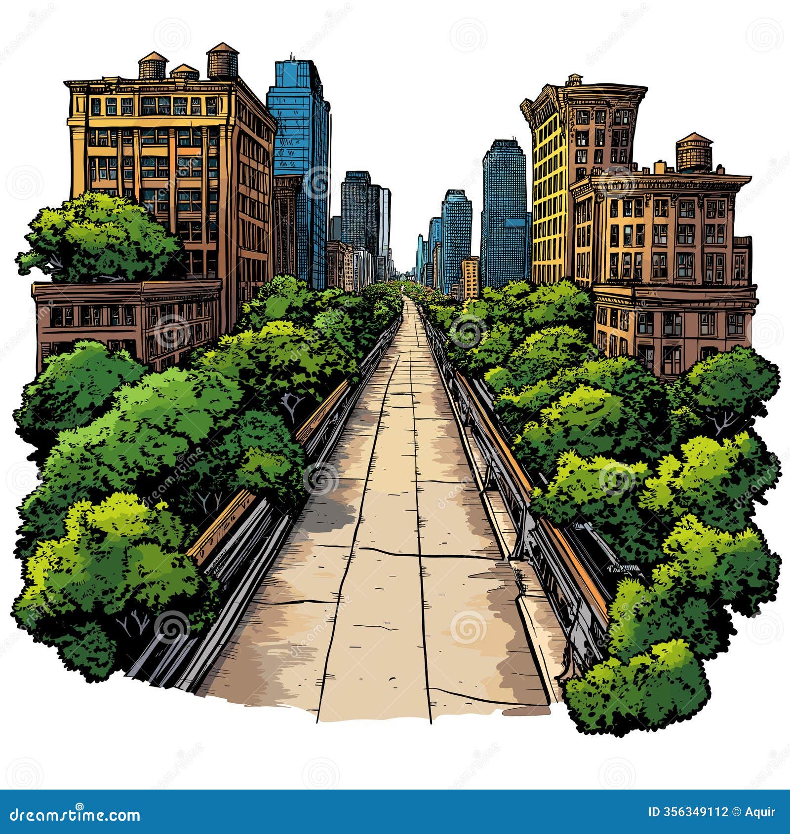 Vector Comic Hand-drawn Illustration of High Line Park. High Line Park ...