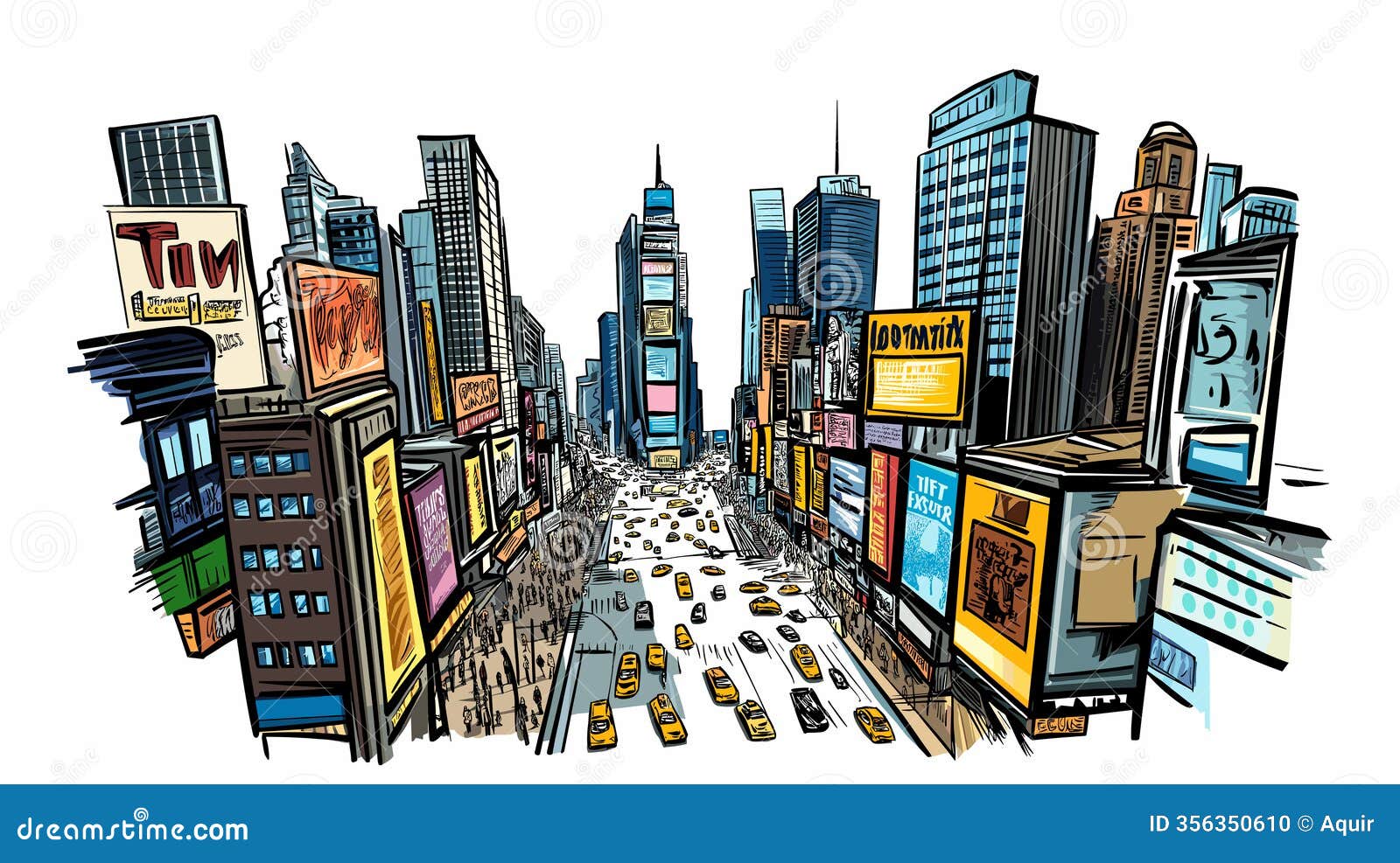 Vector Comic Hand-drawn Illustration of Times Square. Times Square in ...