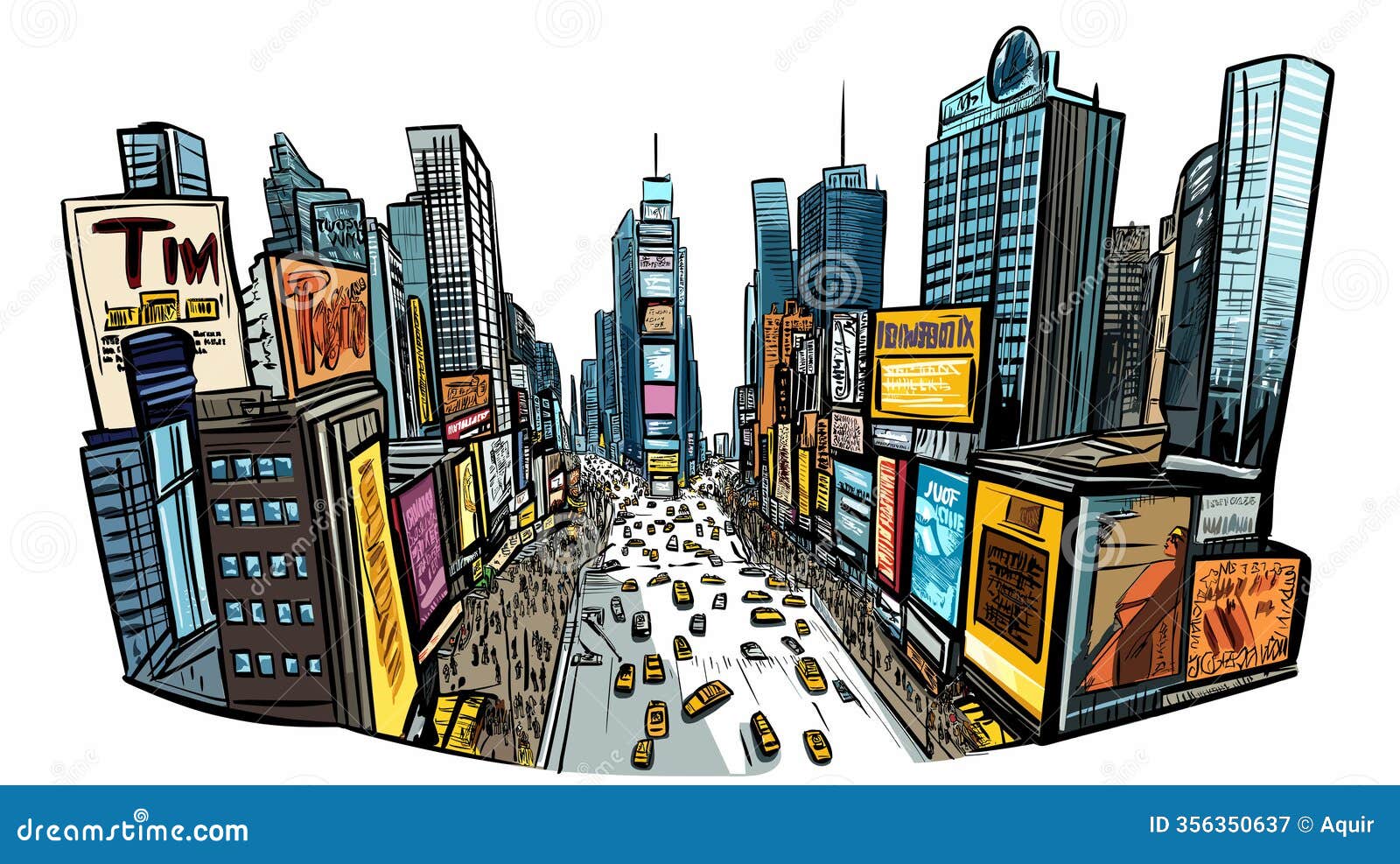 Vector Comic Hand-drawn Illustration of Times Square. Times Square in ...