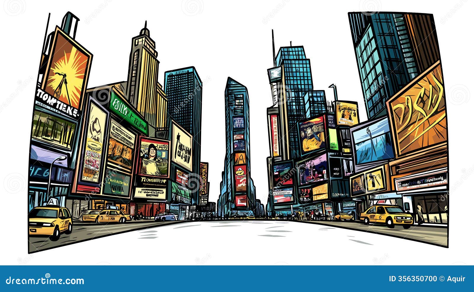 Vector Comic Hand-drawn Illustration of Times Square. Times Square in ...